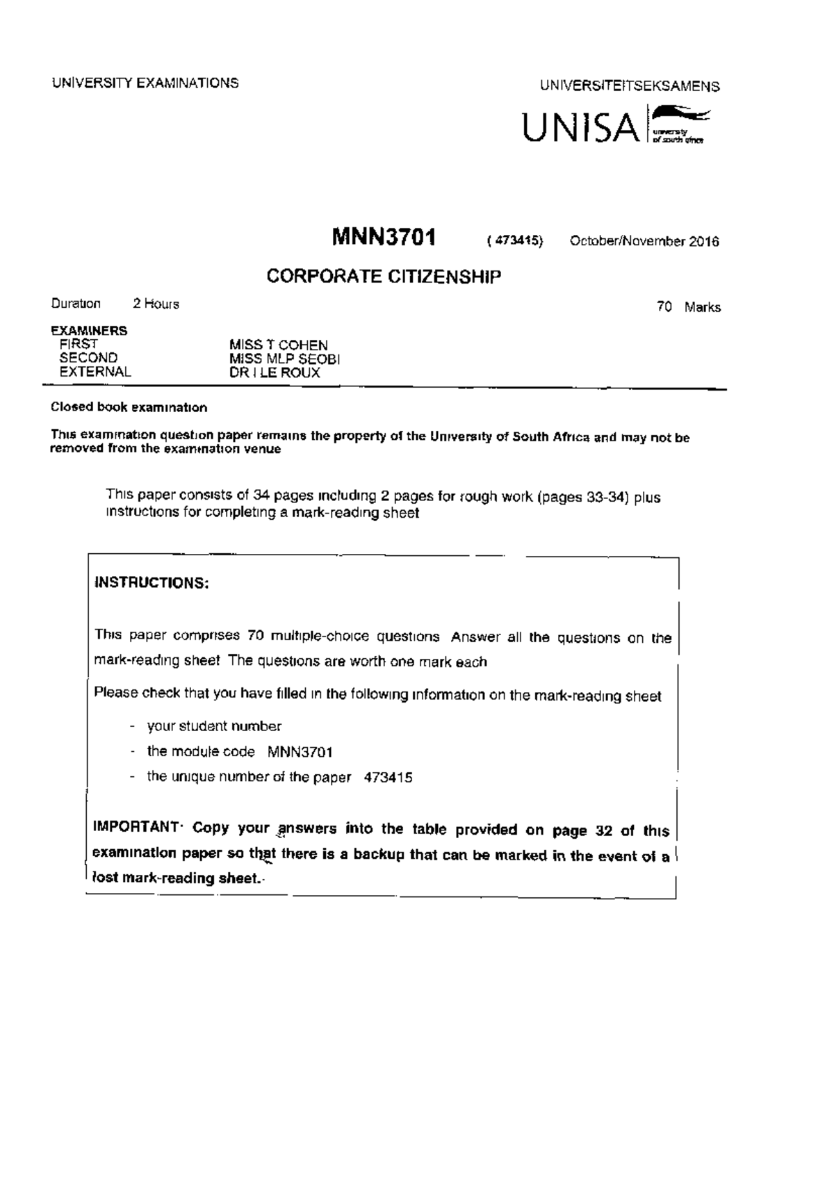 MNN3701 2016 10 E 1 1 - EXAM - MNN3701 - Studocu