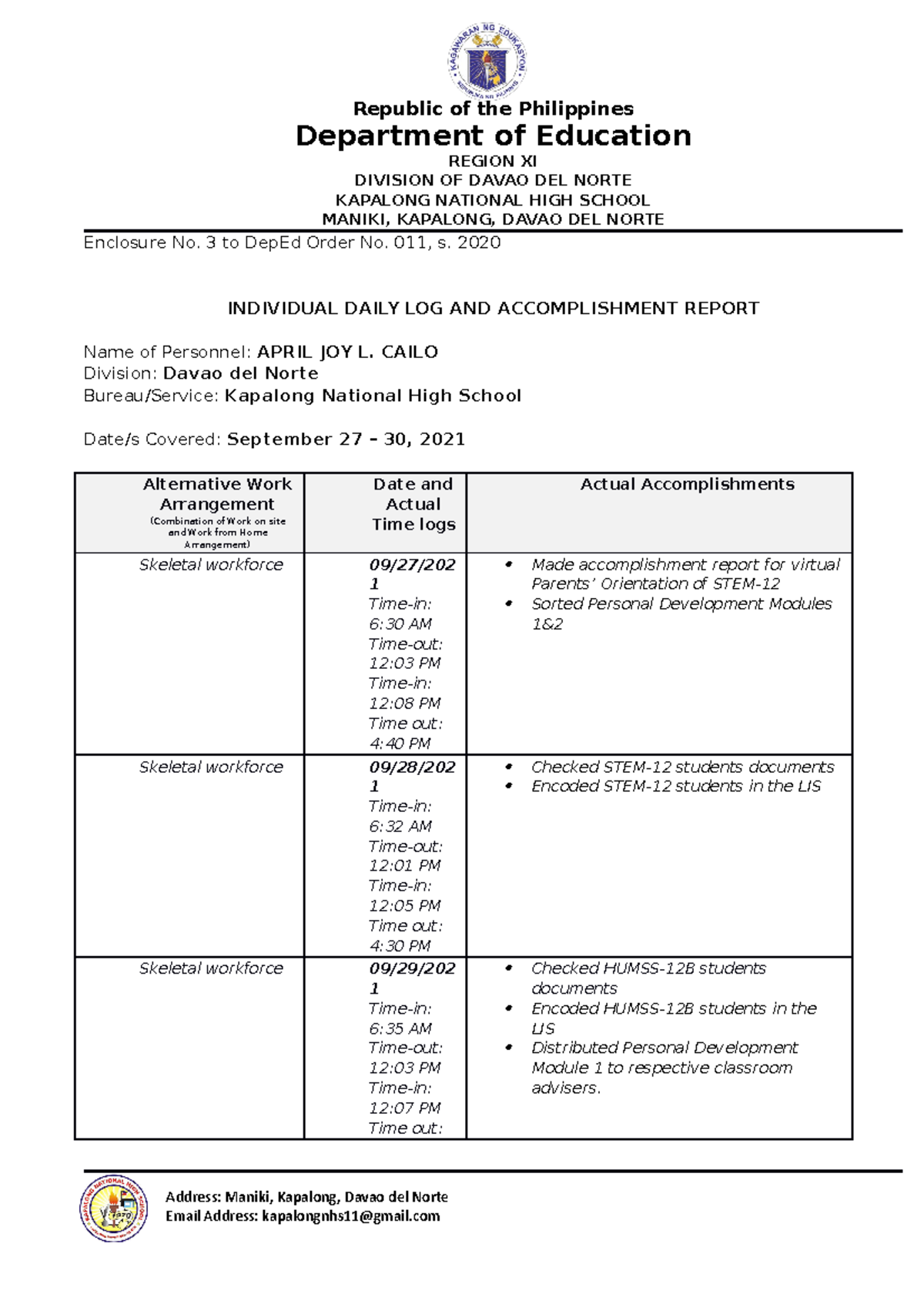 Accomplishment- Report- Portrait - 0927 to 1001 - Republic of the ...
