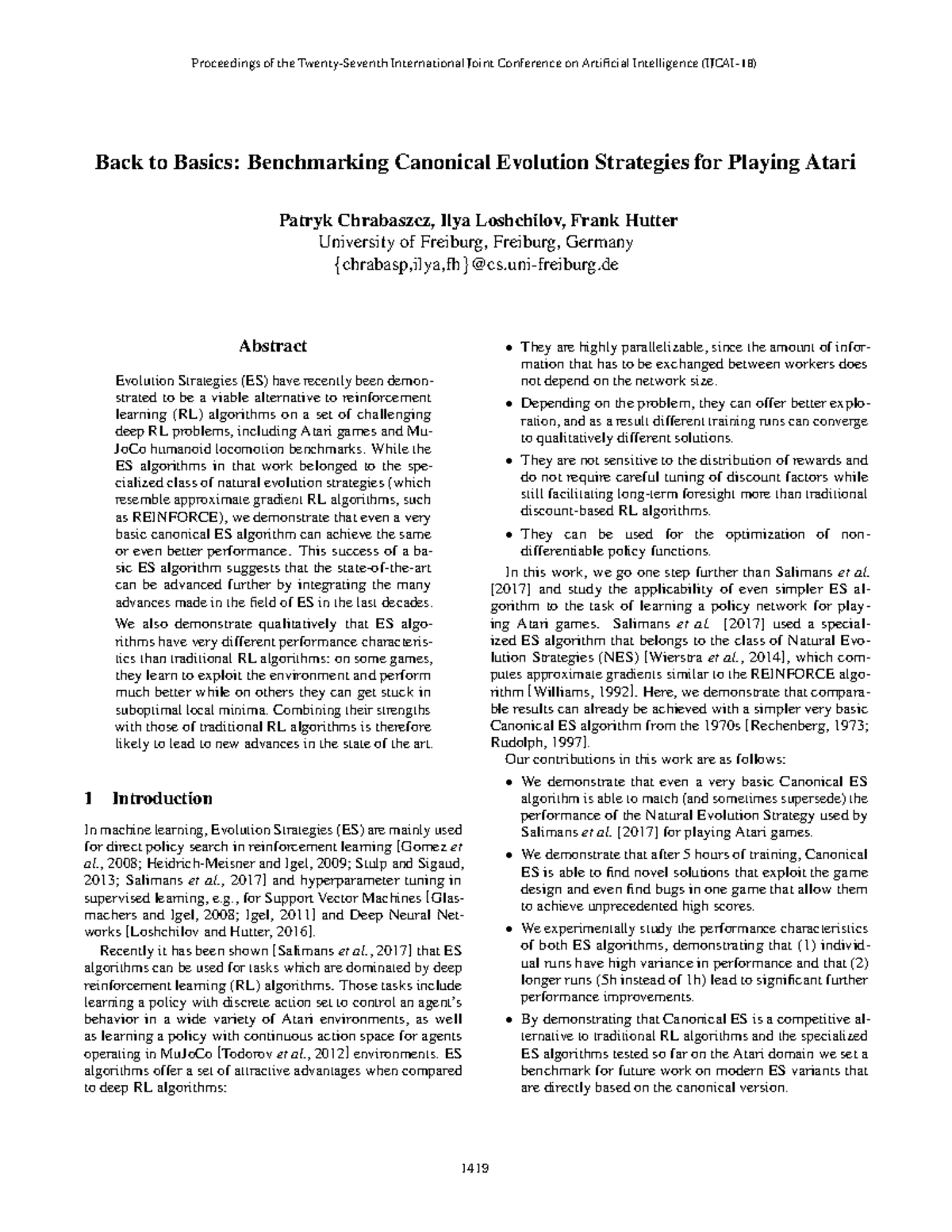 Back to Basics Benchmarking Canonical Evolution Strategies for Playing Atari - uni-freiburg ...