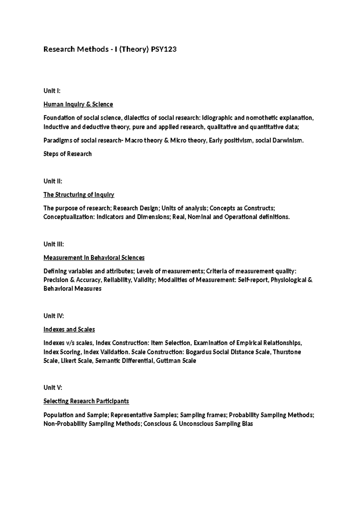 Research Methods PSY123 - Research Methods - I (Theory) PSY Unit I ...