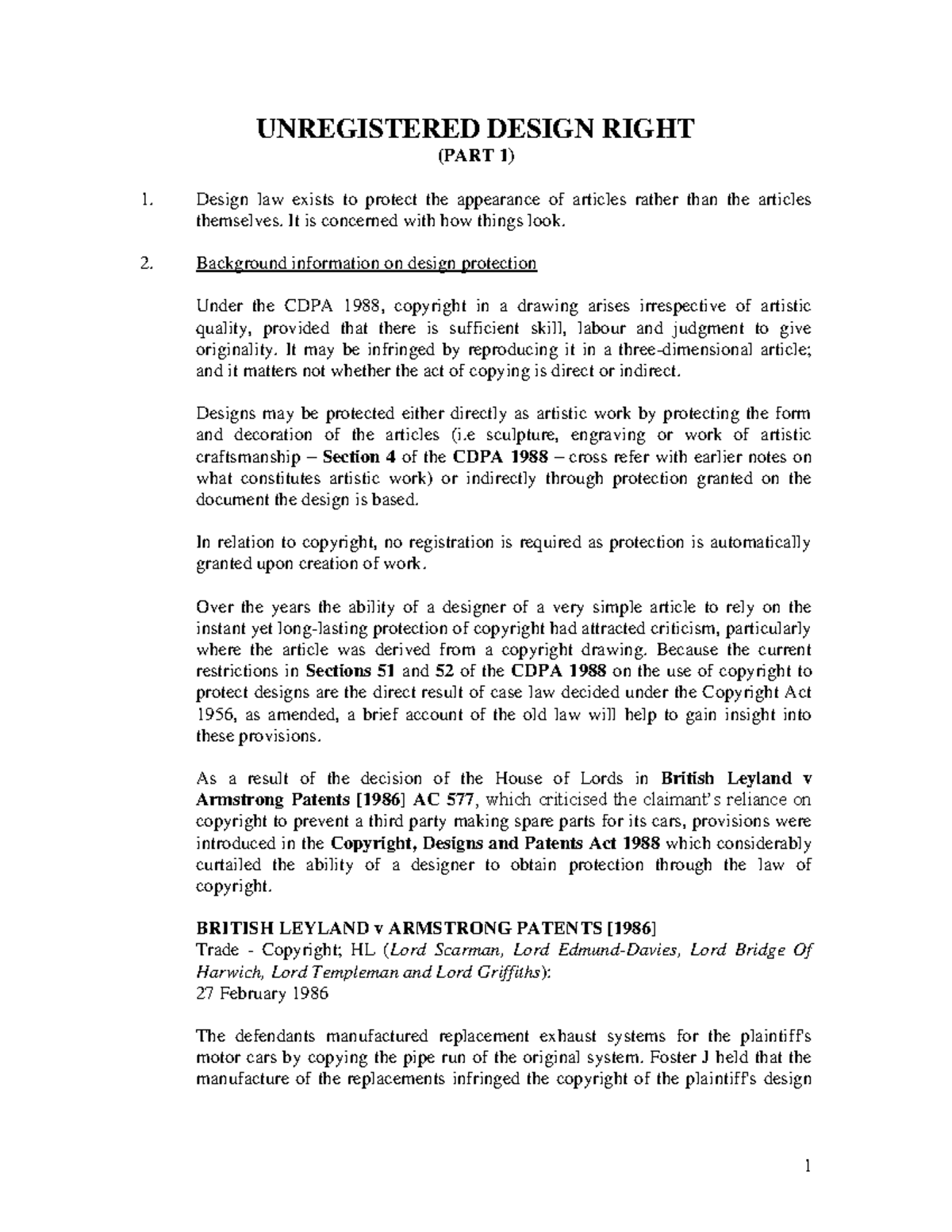 Unregistered Design Right - Part 1 - UNREGISTERED DESIGN RIGHT (PART 1 ...