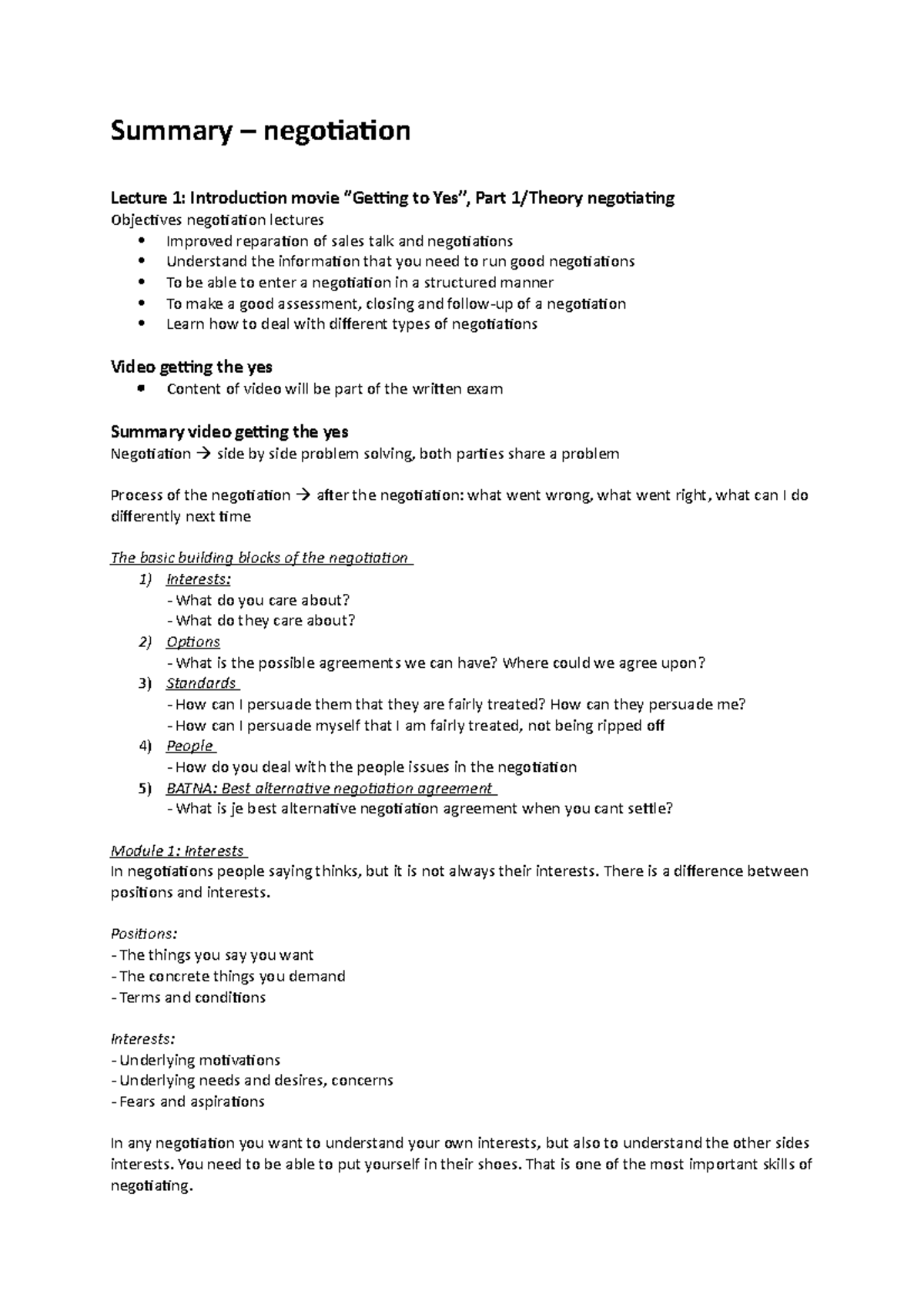 Summary negotiation - Summary – negotiation Lecture 1: Introduction ...