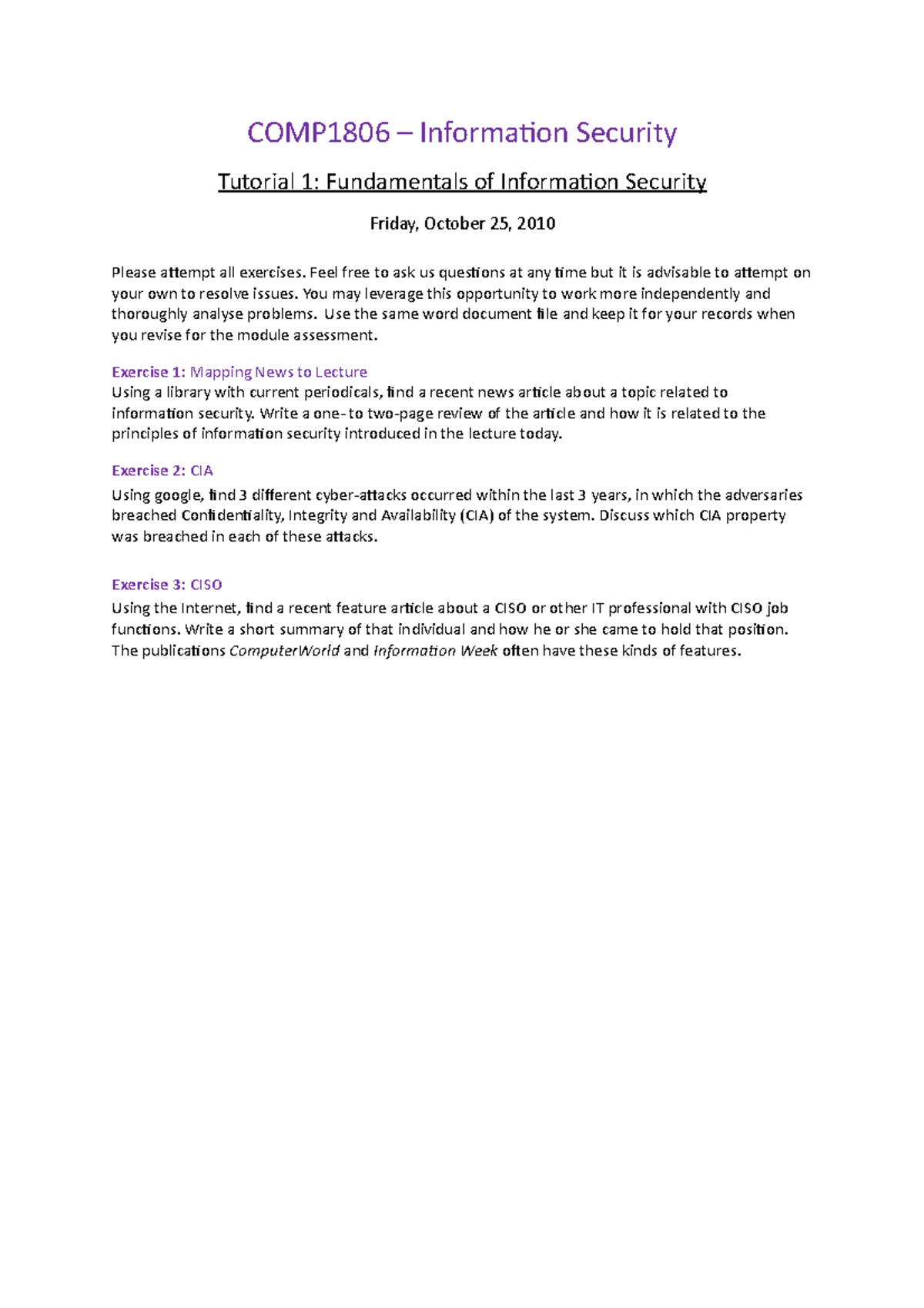 Comp1806 Tutorial 1 Comp1806 Information Security Tutorial 1 Fundamentals Of Information