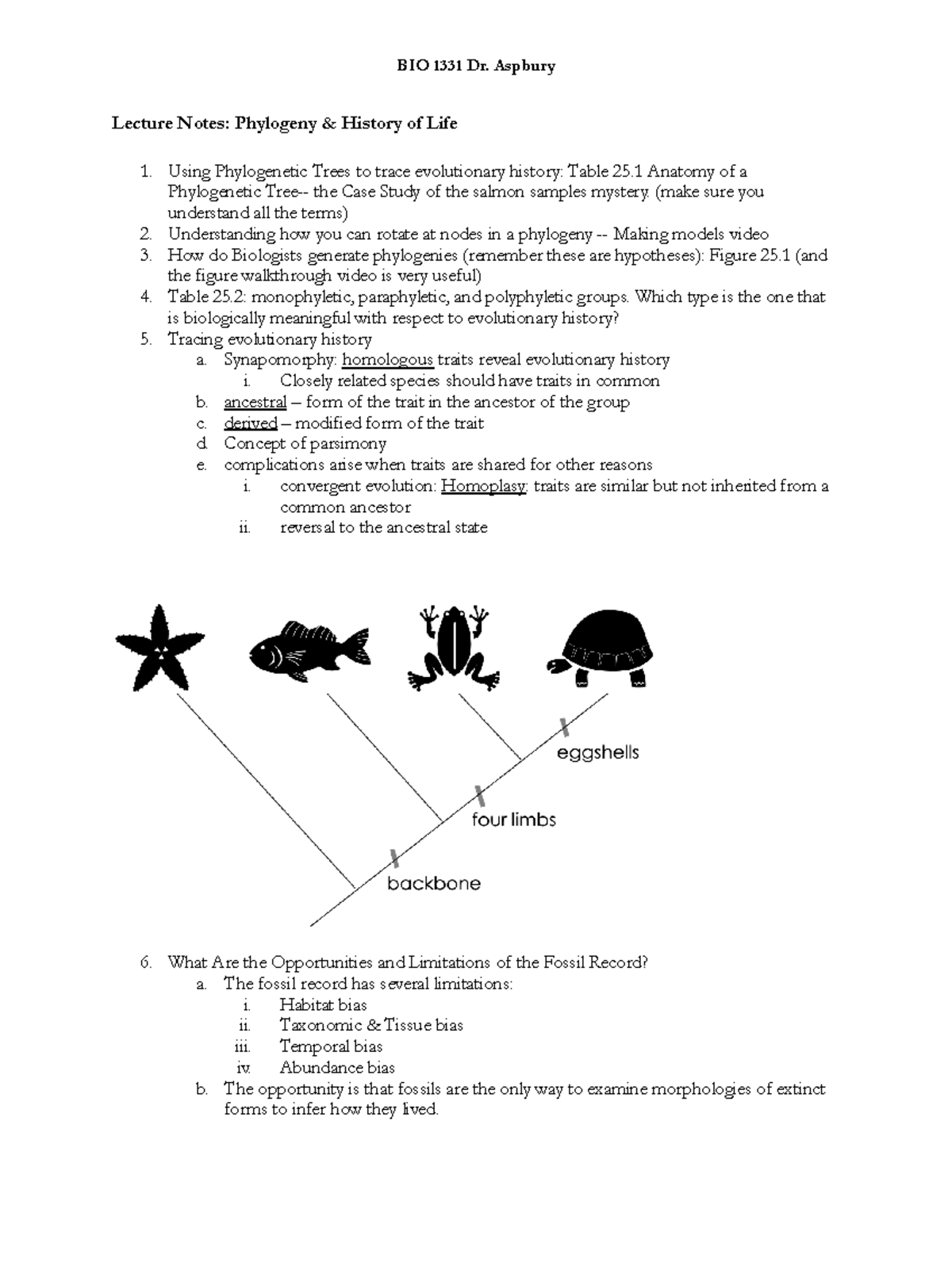 BIO 1331 Notes Phylogeny - BIO 1331 Dr. Aspbury Lecture Notes ...