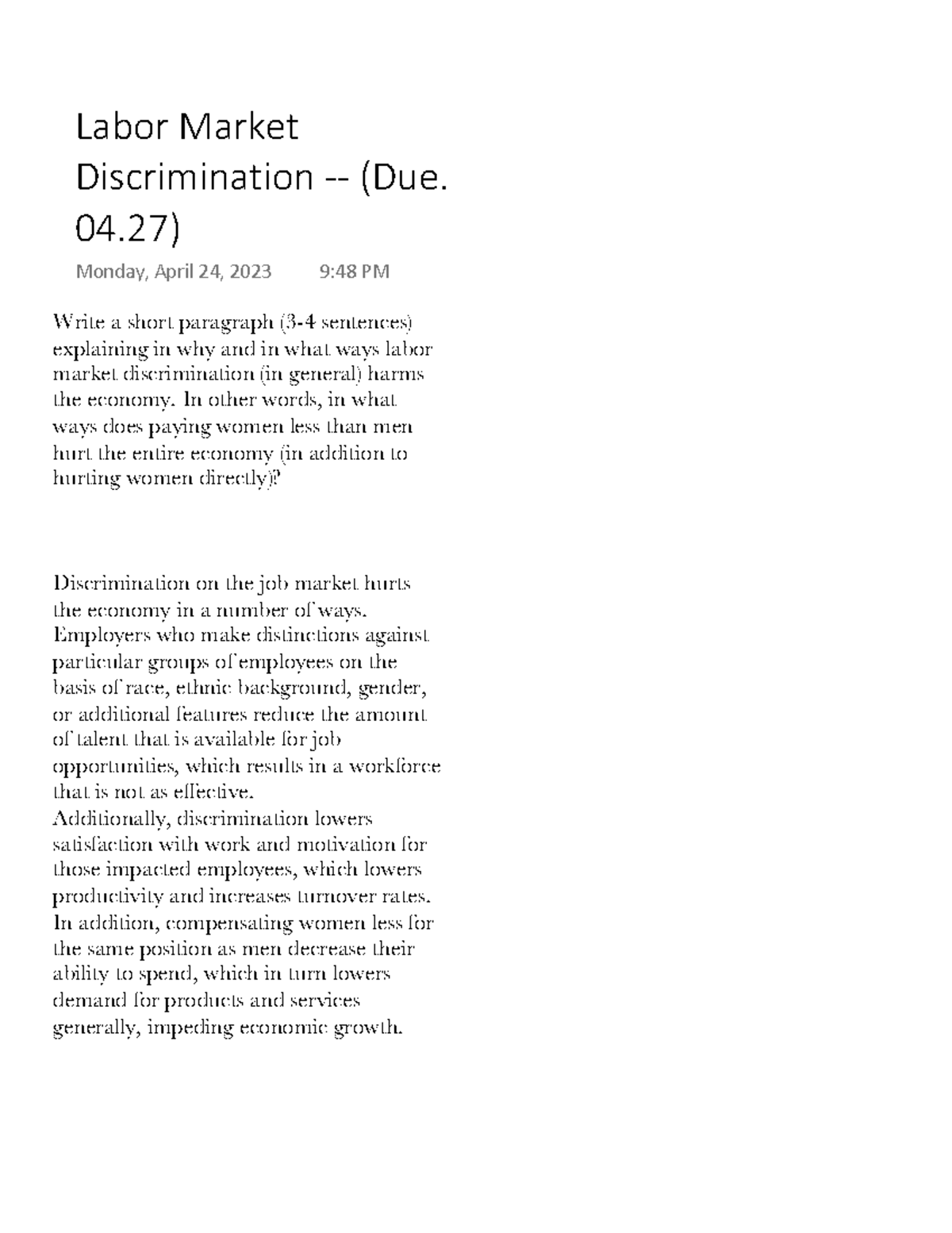 Labor Market Discrimination - (Due. 04 - Write a short paragraph (3-4 ...