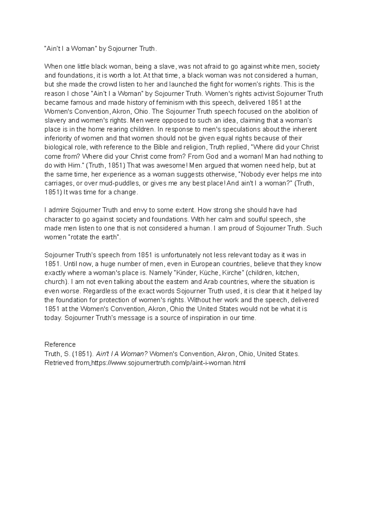 “Ain’t I a Woman”Discussion 4 - “Ain’t I a Woman” by Sojourner Truth ...