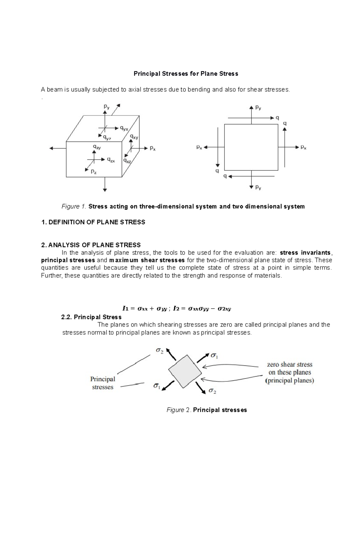 Principal Stresses for Plane Stress - . Figure 1. Stress acting on ...