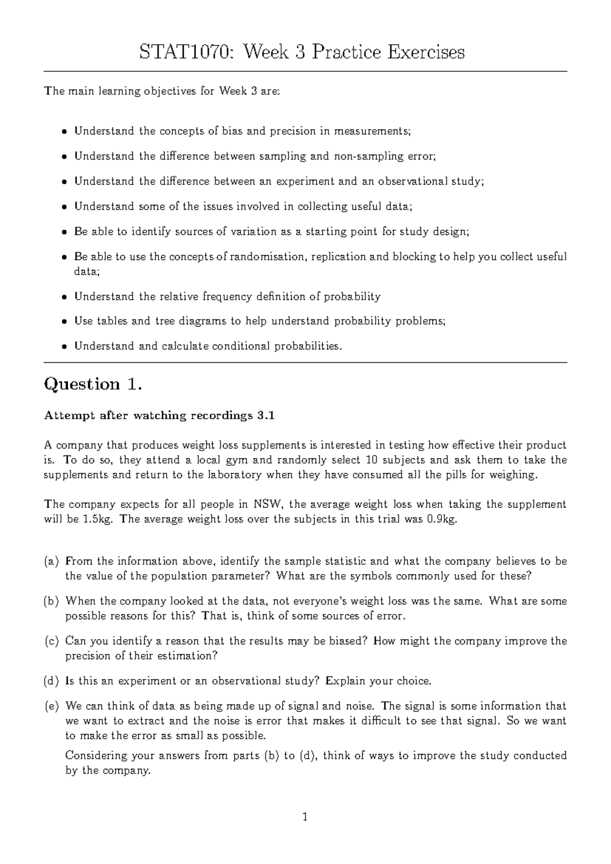 Week 3 Practice Q's - STAT1070: Week 3 Practice Exercises The main learning objectives for Week ...
