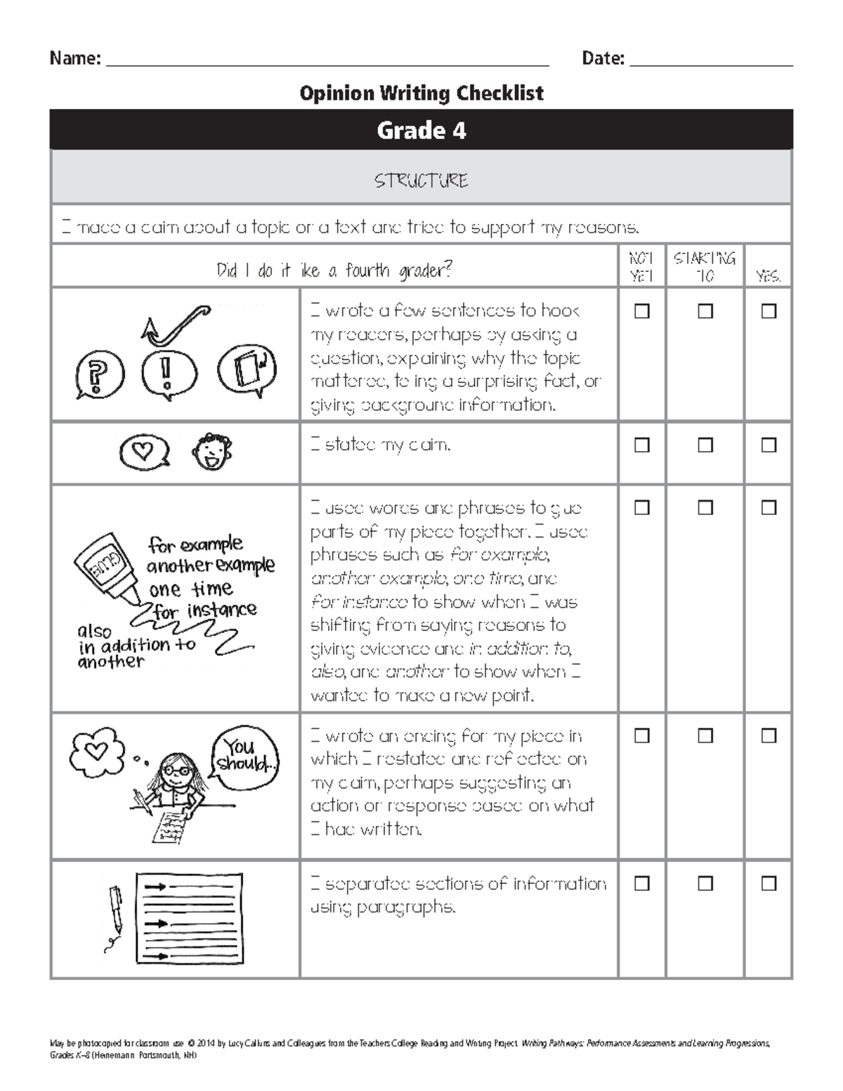 4th Grade Opinion Illustrated checklist - May be photocopied for ...