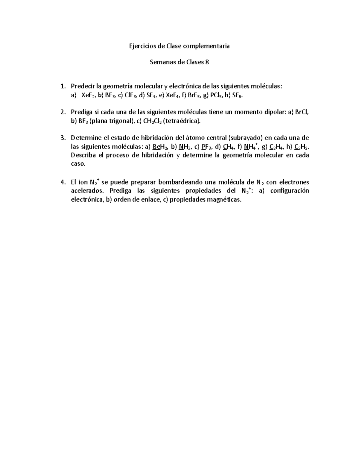 Taller Semana 8 - Química - Warning: TT: undefined function: 32 Ejercicios de Clase ...