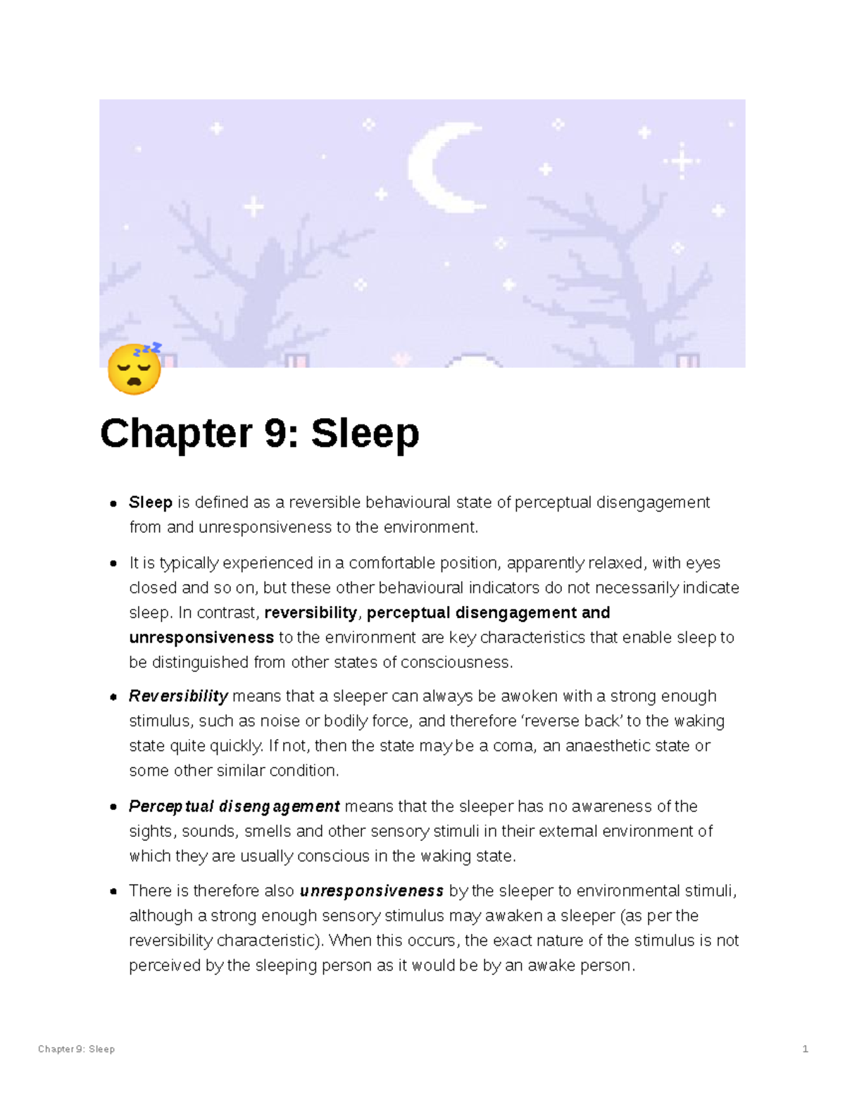 Chapter 9 Sleep - 😴 Chapter 9: Sleep Sleep is defined as a reversible behavioural state of - Studocu