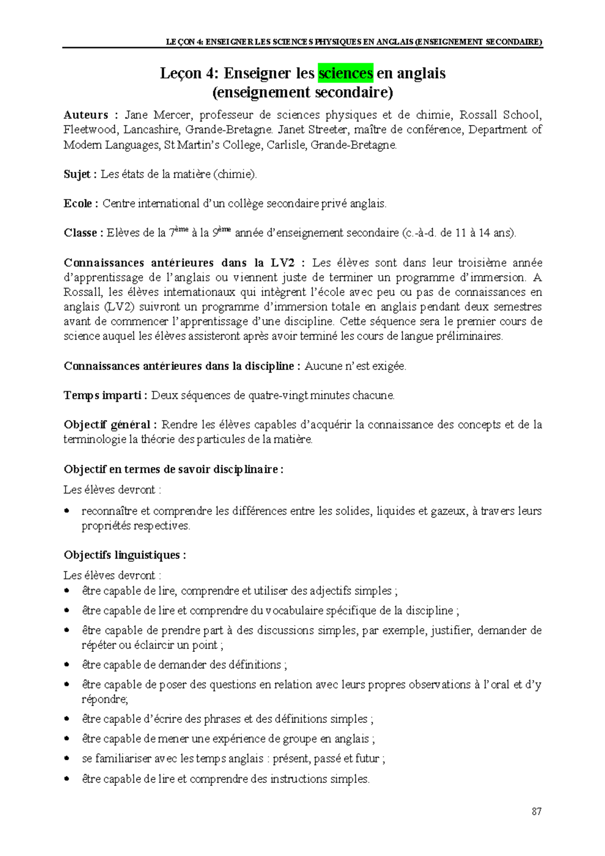 Enseigner les sciences en anglais - LEÇON 4: ENSEIGNER LES SCIENCES ...