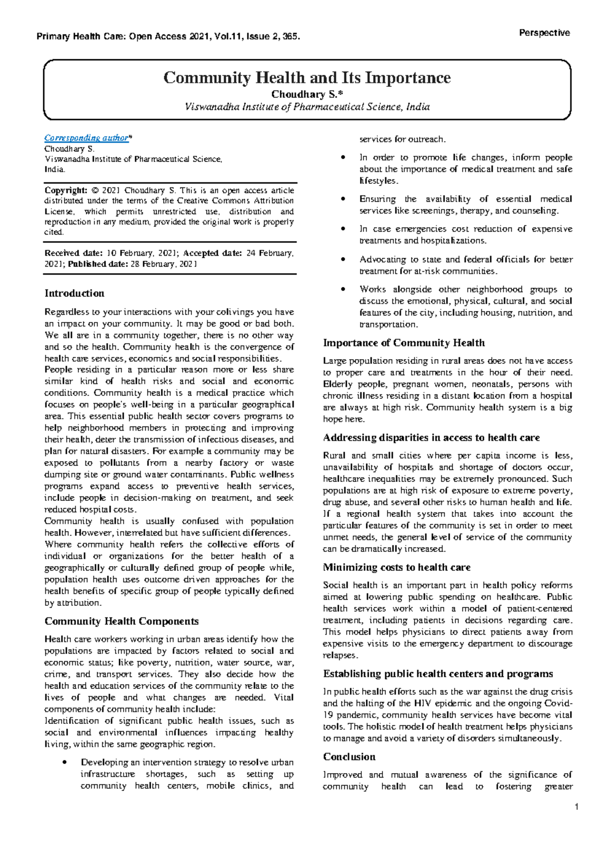 Community health and its importance - 1 Primary Health Care: Open ...