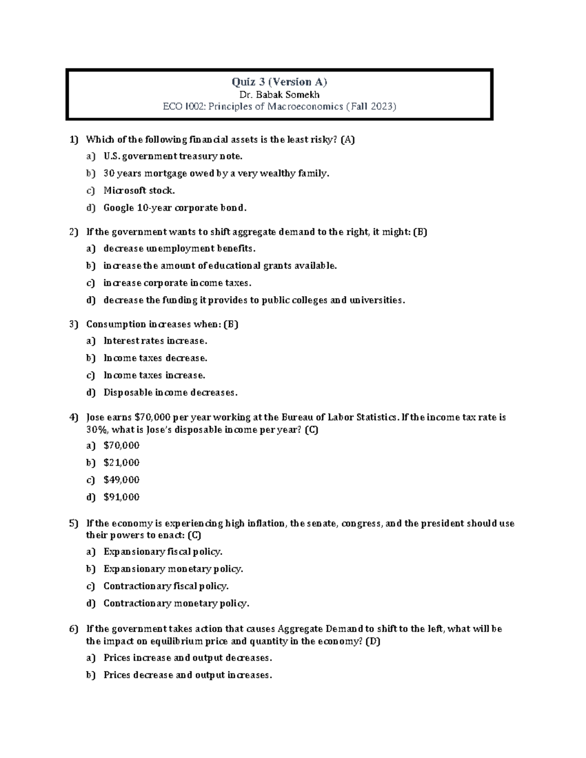 Quiz 3 Version A (Solutions) - Which of the following financial assets ...