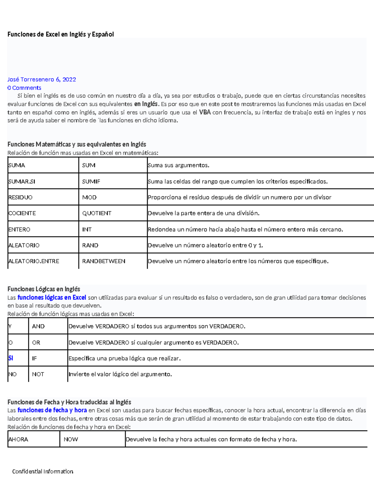 Funciones de Excel en Inglés y Español - Funciones de Excel en Inglés y ...