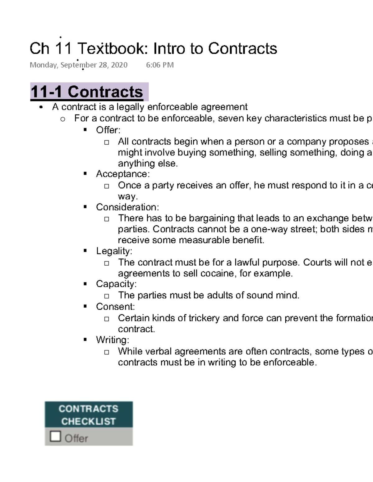 Ch 11 Textbook Intro to Contracts - 11 - 1 Contracts A contract is a legally enforceable ...