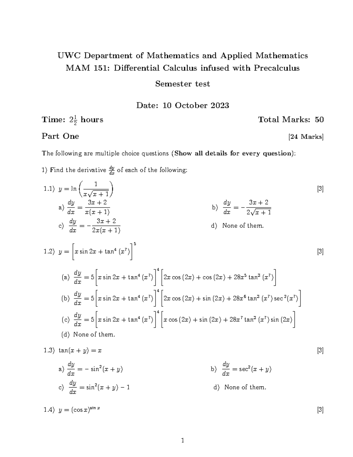 MAM151 Semester 2 2023 - UWC Department of Mathematics and Applied ...