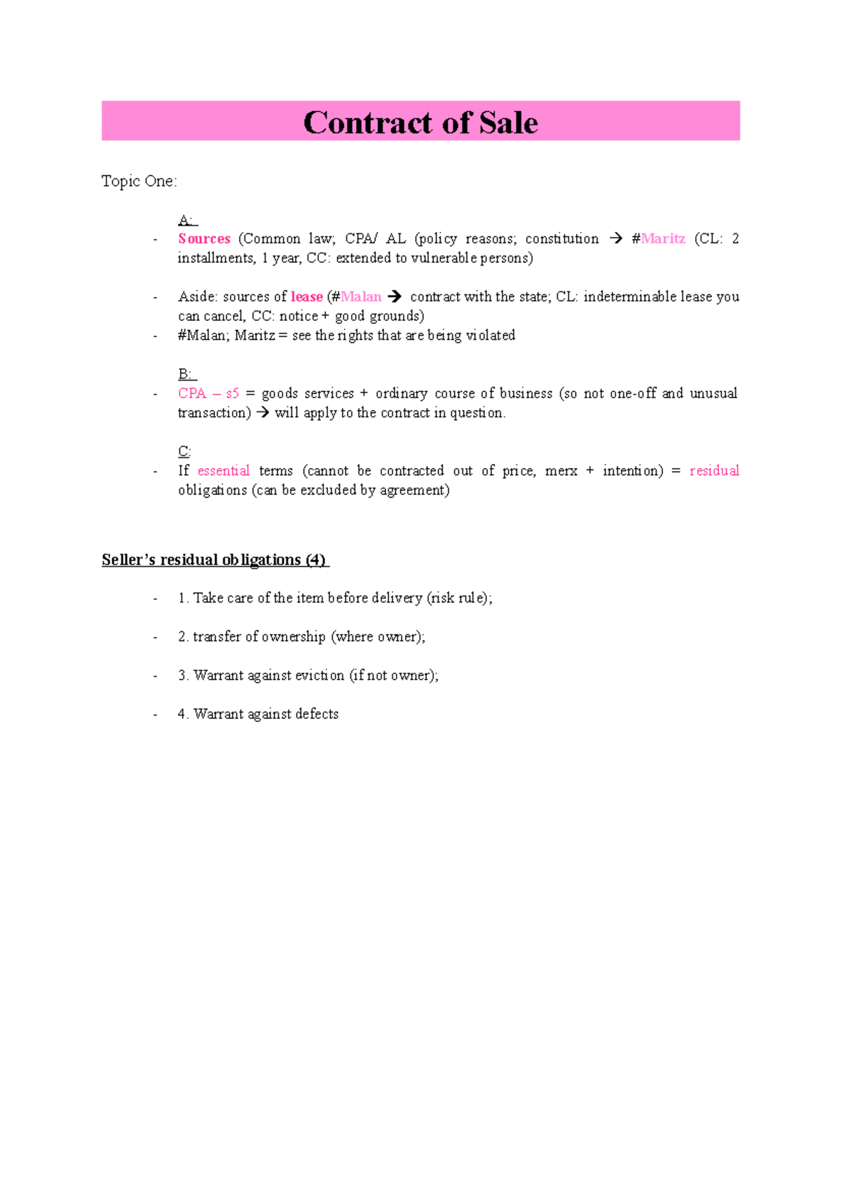 2. Sale Section - Contract of Sale Topic One: A: Sources (Common law ...