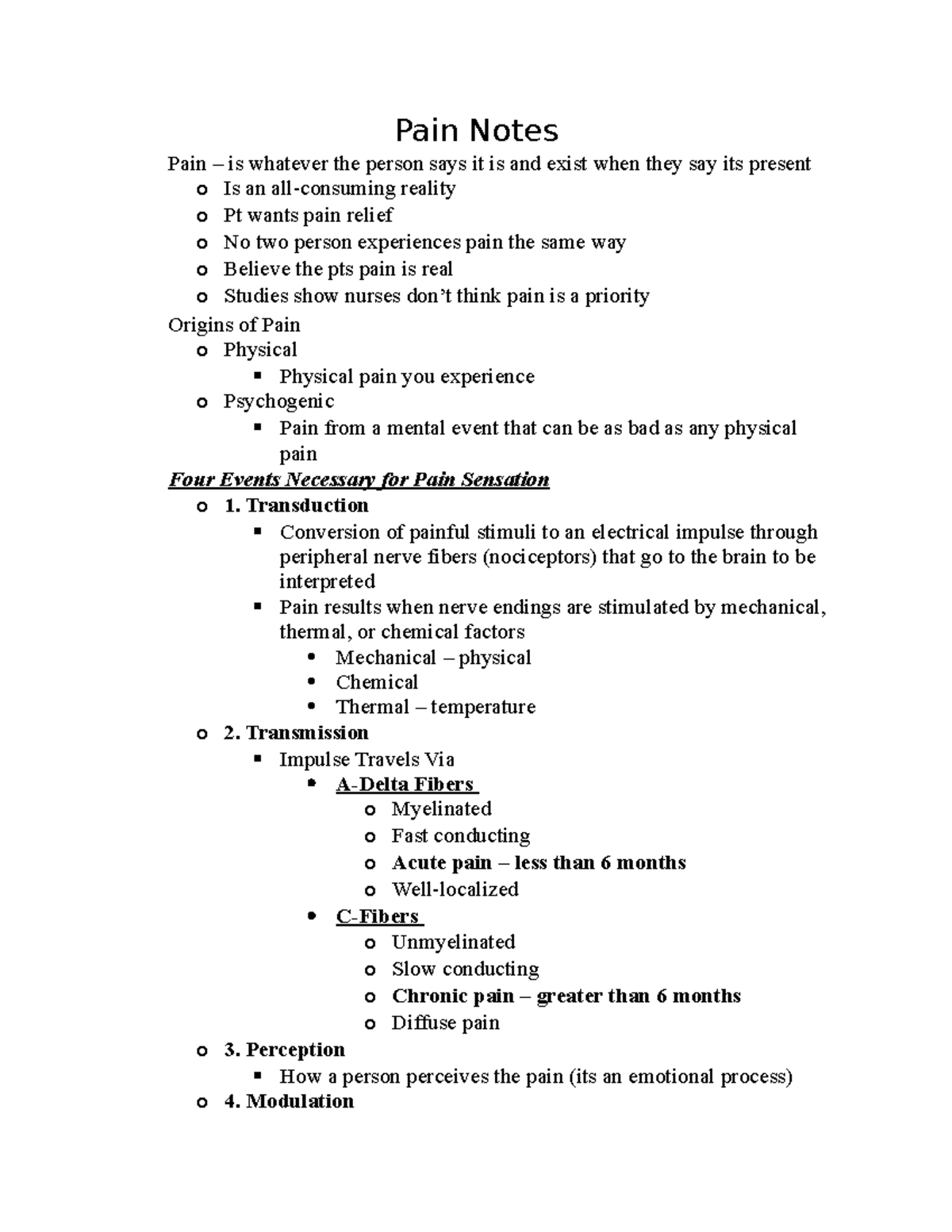 Pain Notes Lecture - Pain Notes Pain – is whatever the person says it ...