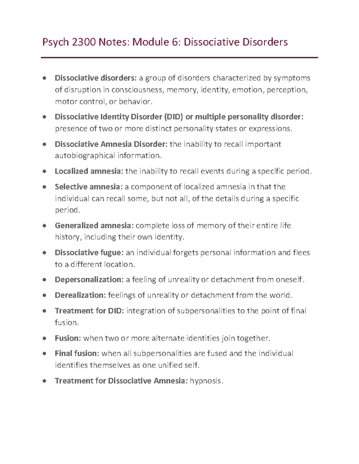 Psych 2300 Notes Module 6 Dissociative Disorders - Psych 2300 Notes ...