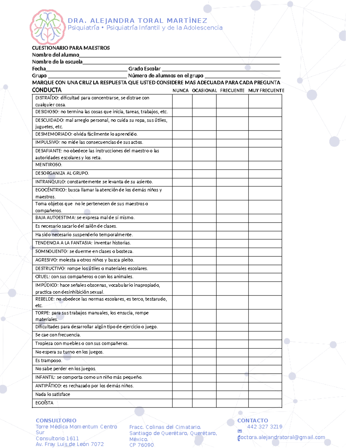 Cuestionario TDAH Maestros - DRA. ALEJANDRA TORAL MARTÍNEZ Psiquiatría ...
