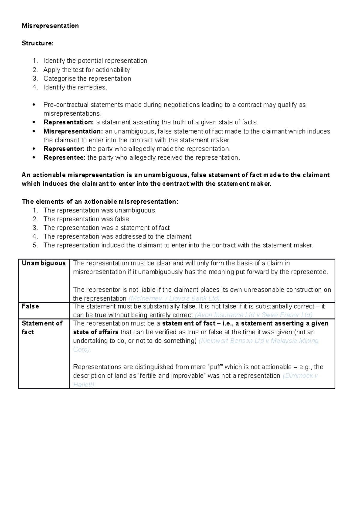 Misrepresentation - Misrepresentation Structure: Identify the potential representation Apply the ...