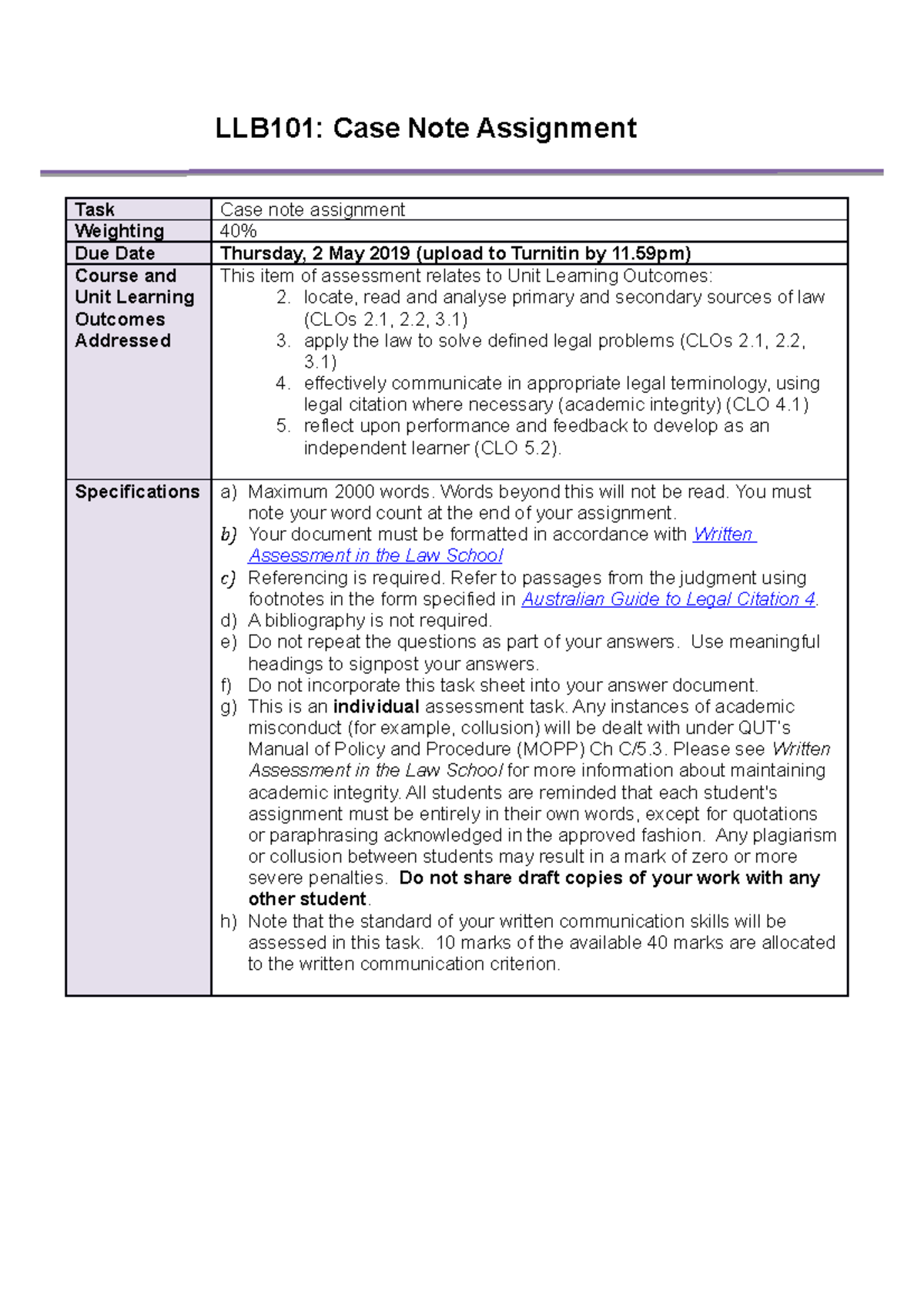 Case note assignment task sheet llb101 - LLB101 - QUT - Studocu