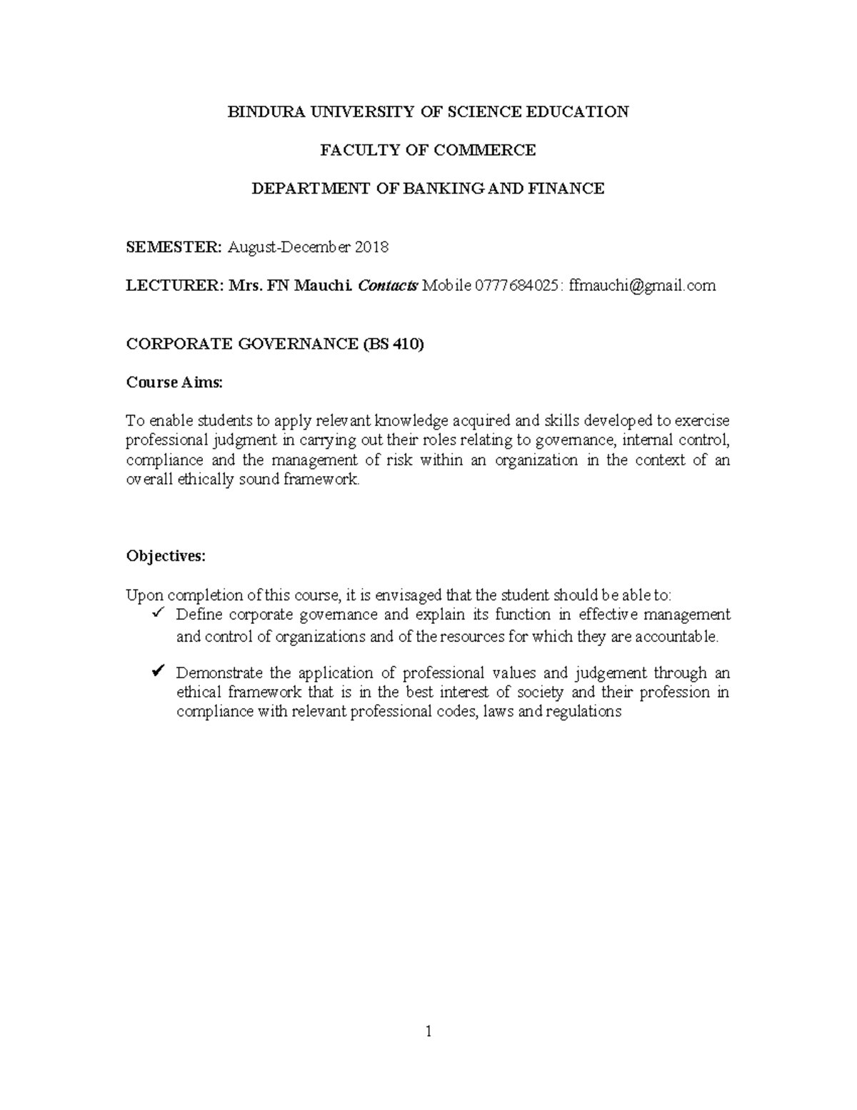 BS 410 Corporate Governance Course Outline 2018 - BINDURA UNIVERSITY OF ...