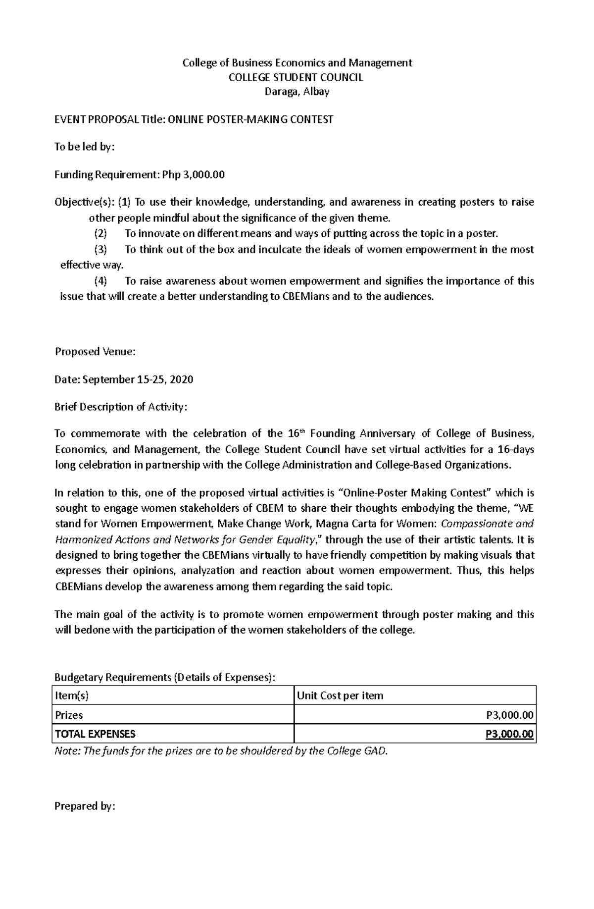 Poster Making Proposal Final - College of Business Economics and ...