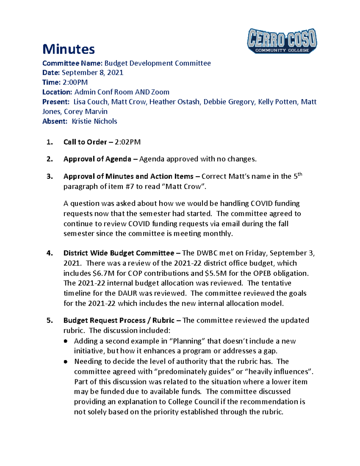 MR-47 Sample Budget Development Committee Minutes, Fall 2021 ...