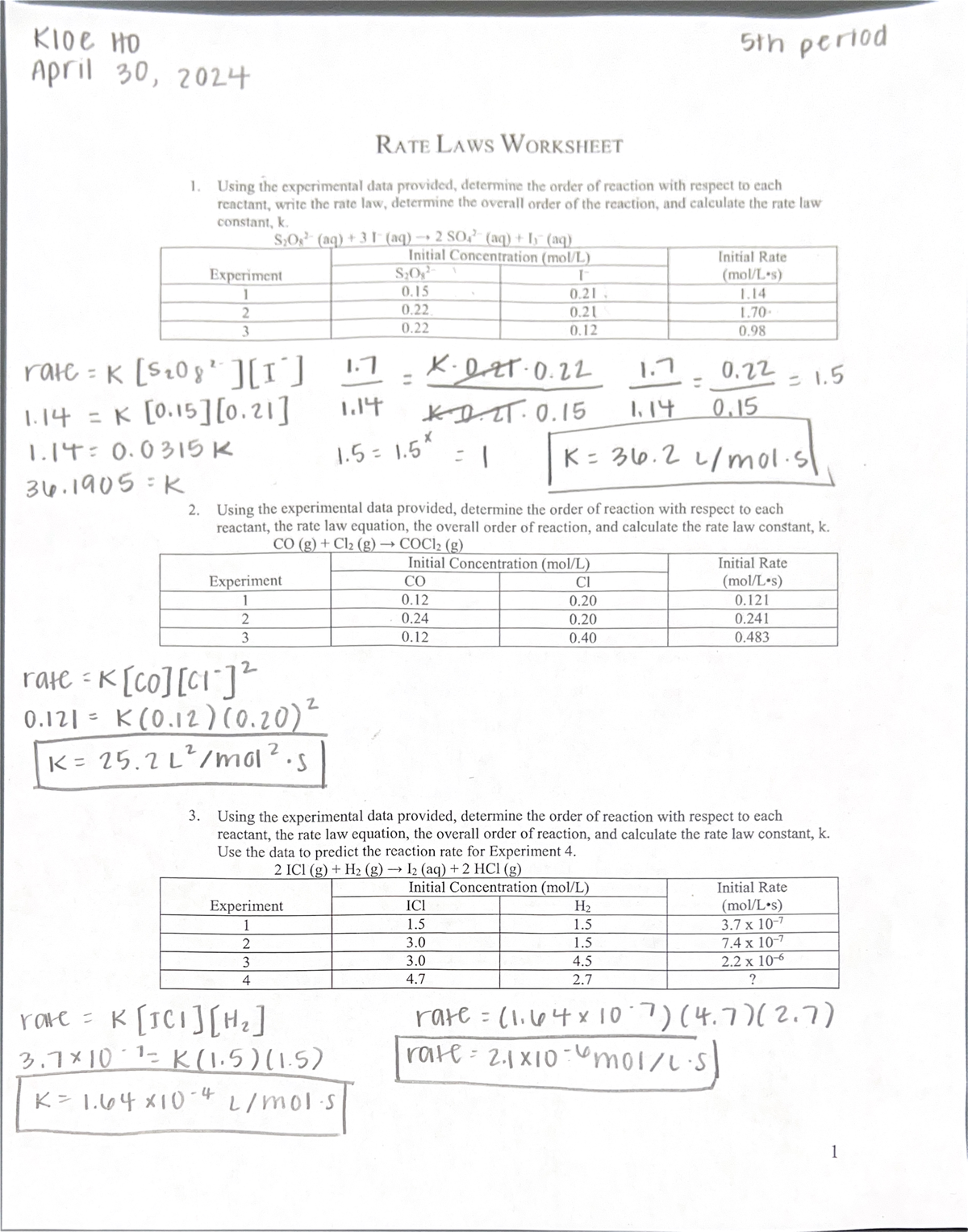 Rate Law worksheet 0430 - Studocu