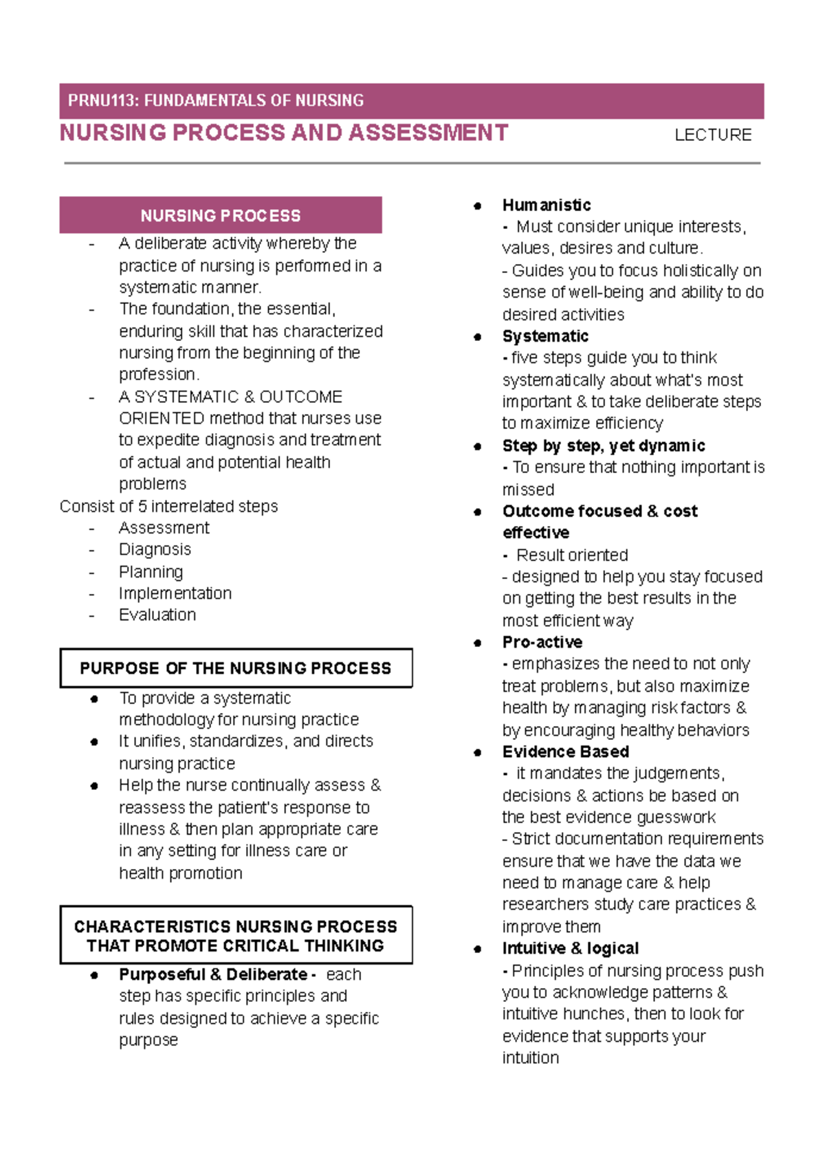 M4 Fundamentals OF Nursing (LEC) - NURSING PROCESS AND ASSESSMENT LECTURE NURSING PROCESS A ...