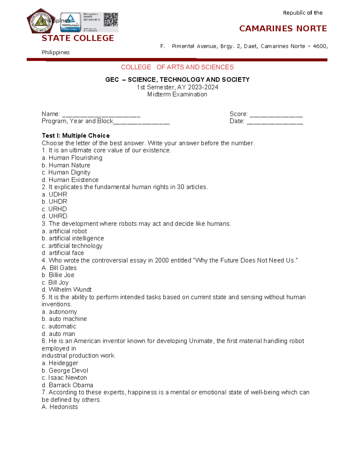 GEC STS Midterm exam - Philippines CAMARINES NORTE STATE COLLEGE F ...