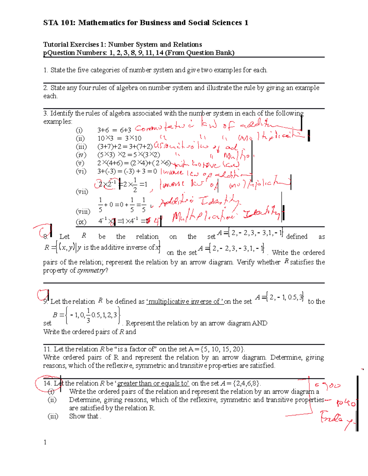 Tutorial 1 - sta 101 - STA 101: Mathematics for Business and Social ...