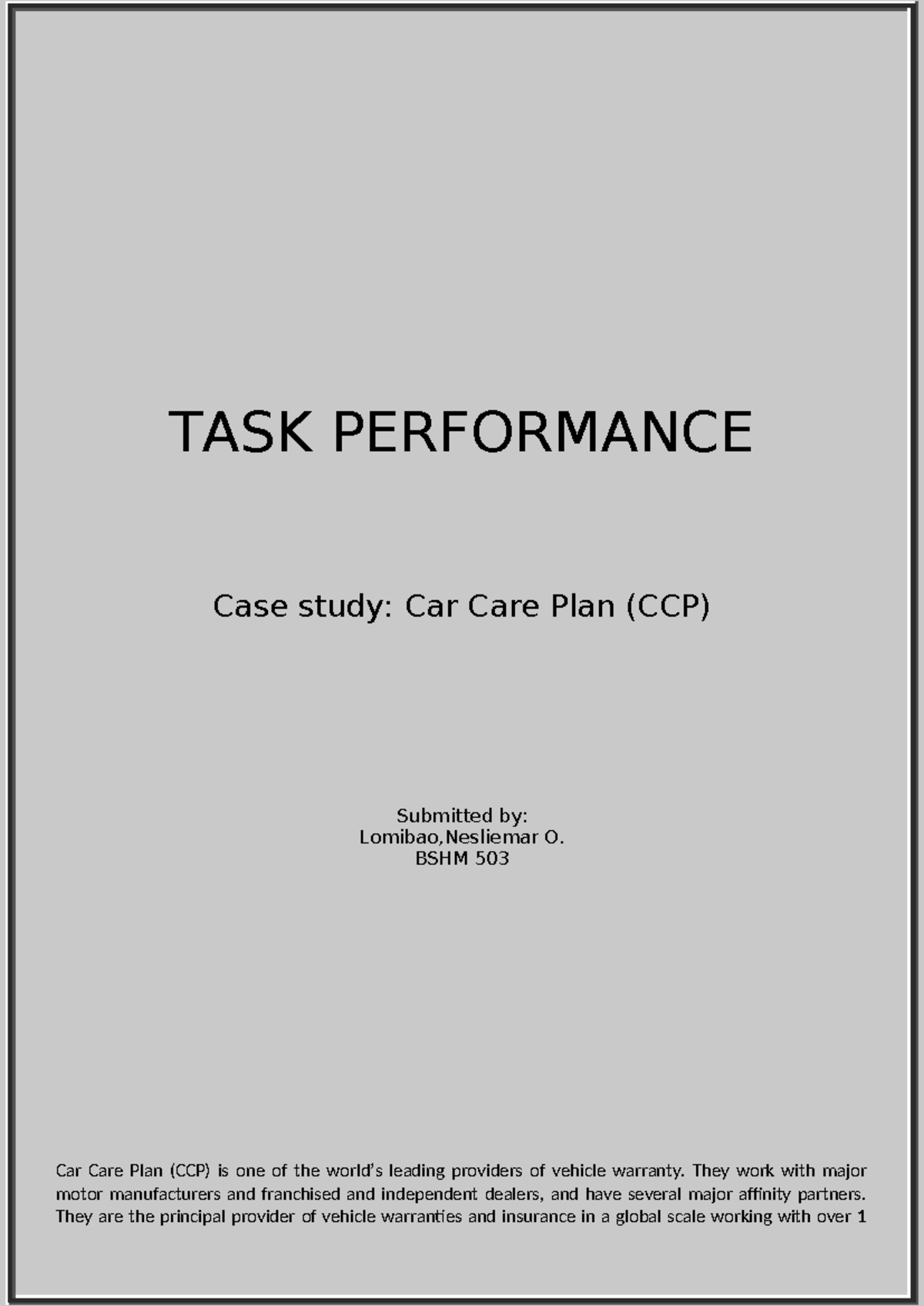 Case-study Car-Care-Plan-CCP - TASK PERFORMANCE Case study: Car Care ...
