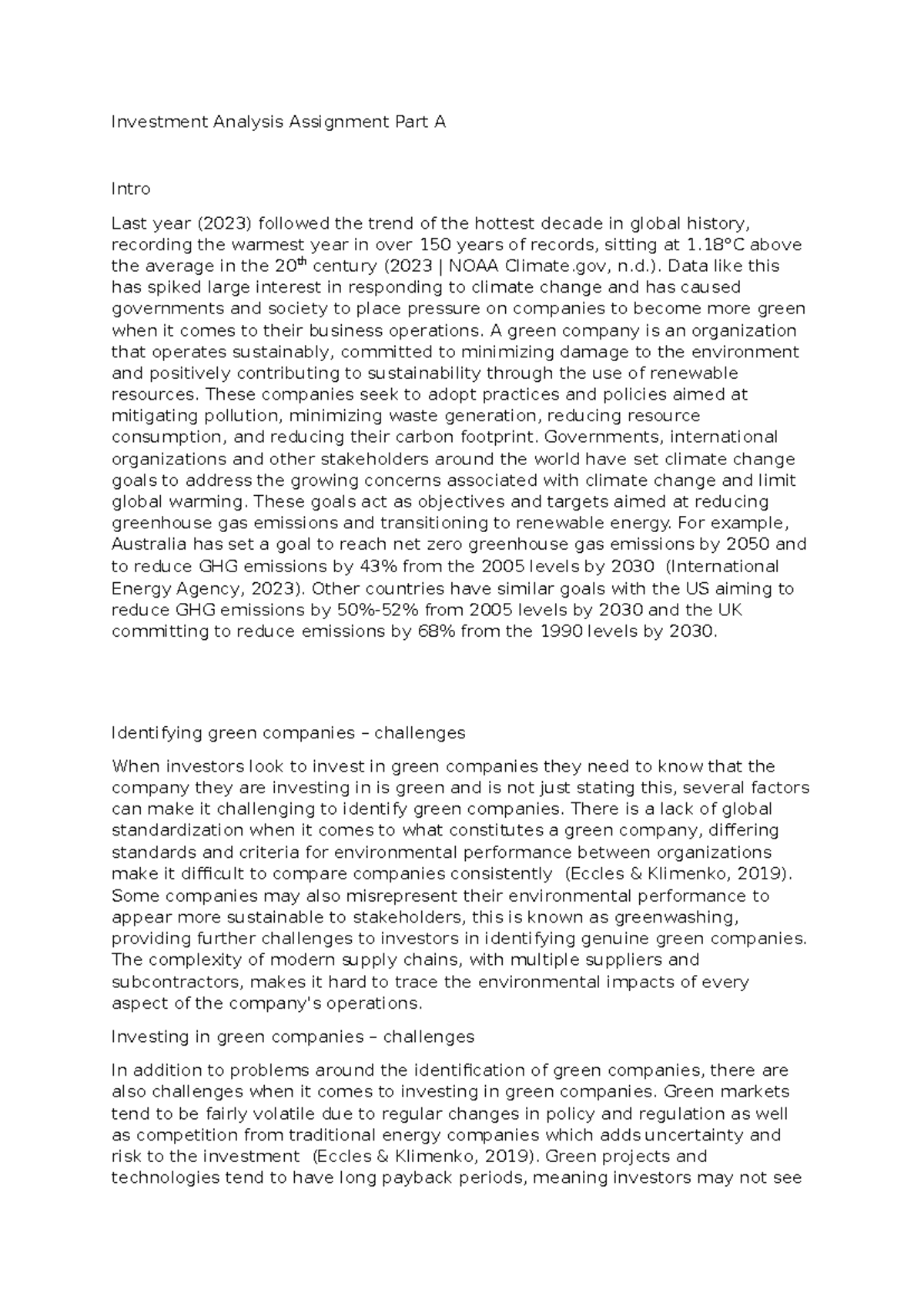 Investment Analysis Assignment Part A - Investment Analysis Assignment ...