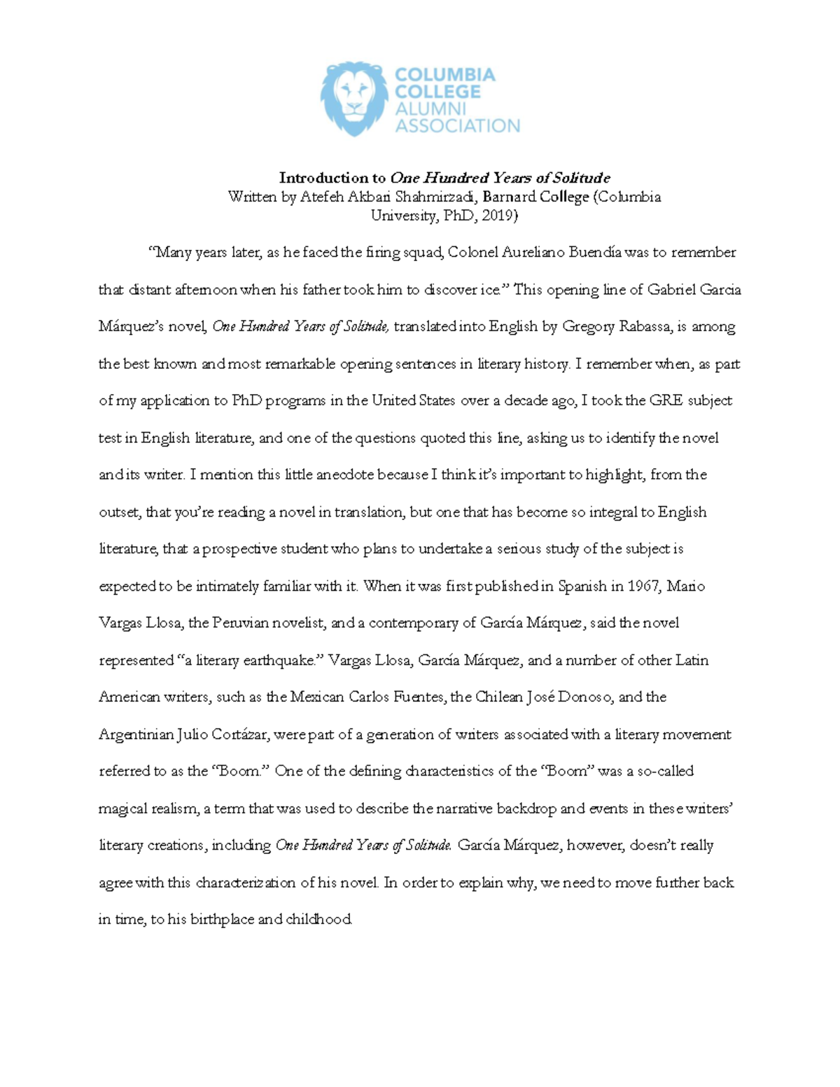 Introduction to One Hundred Years of Solitude 0 - Introduction toOne ...