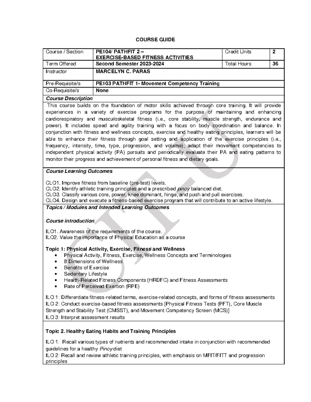 Modules PE - COURSE GUIDE Course / Section PE104/ PATHFIT 2 – EXERCISE ...