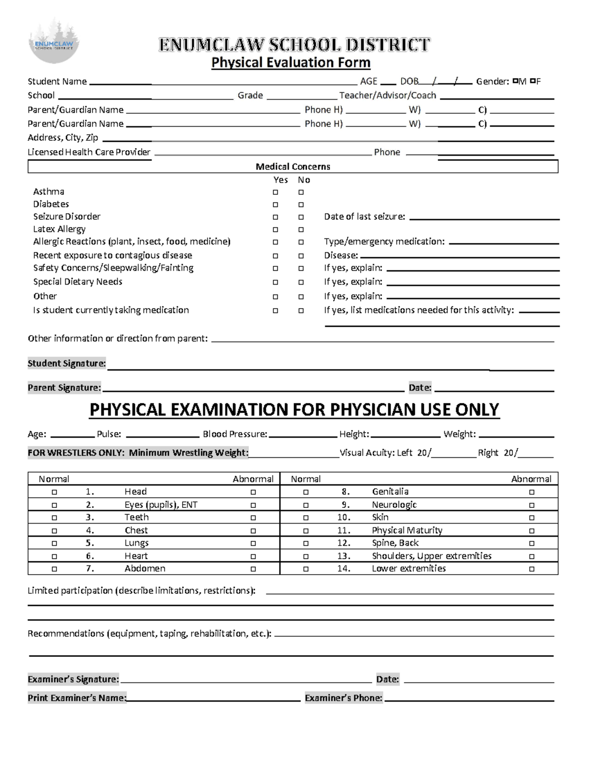 Secondary Physical Evaluation Form 2 - Physical Evaluation Form Student ...