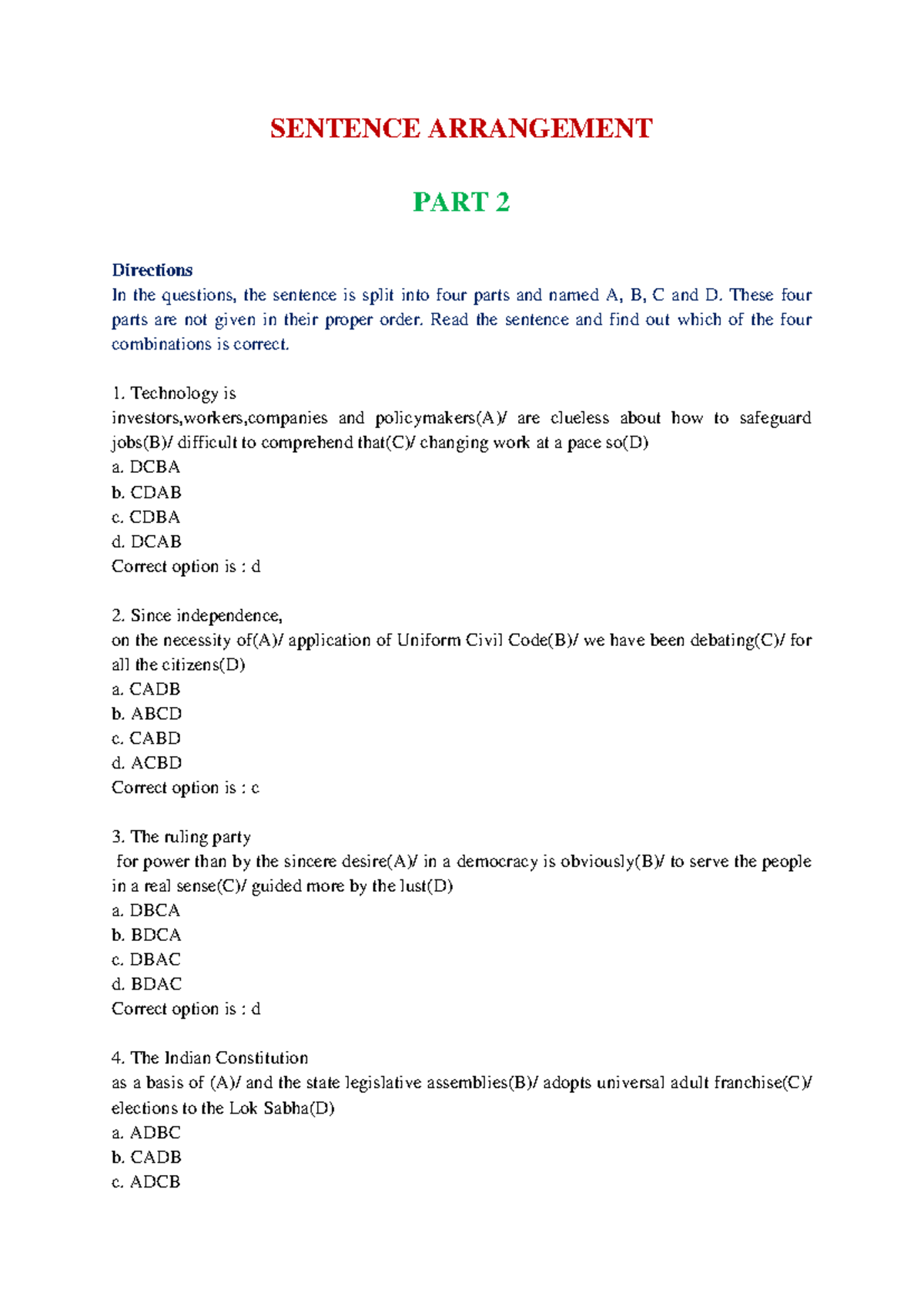 Sentence Arrangement - Part 2 - SENTENCE ARRANGEMENT PART 2 Directions ...