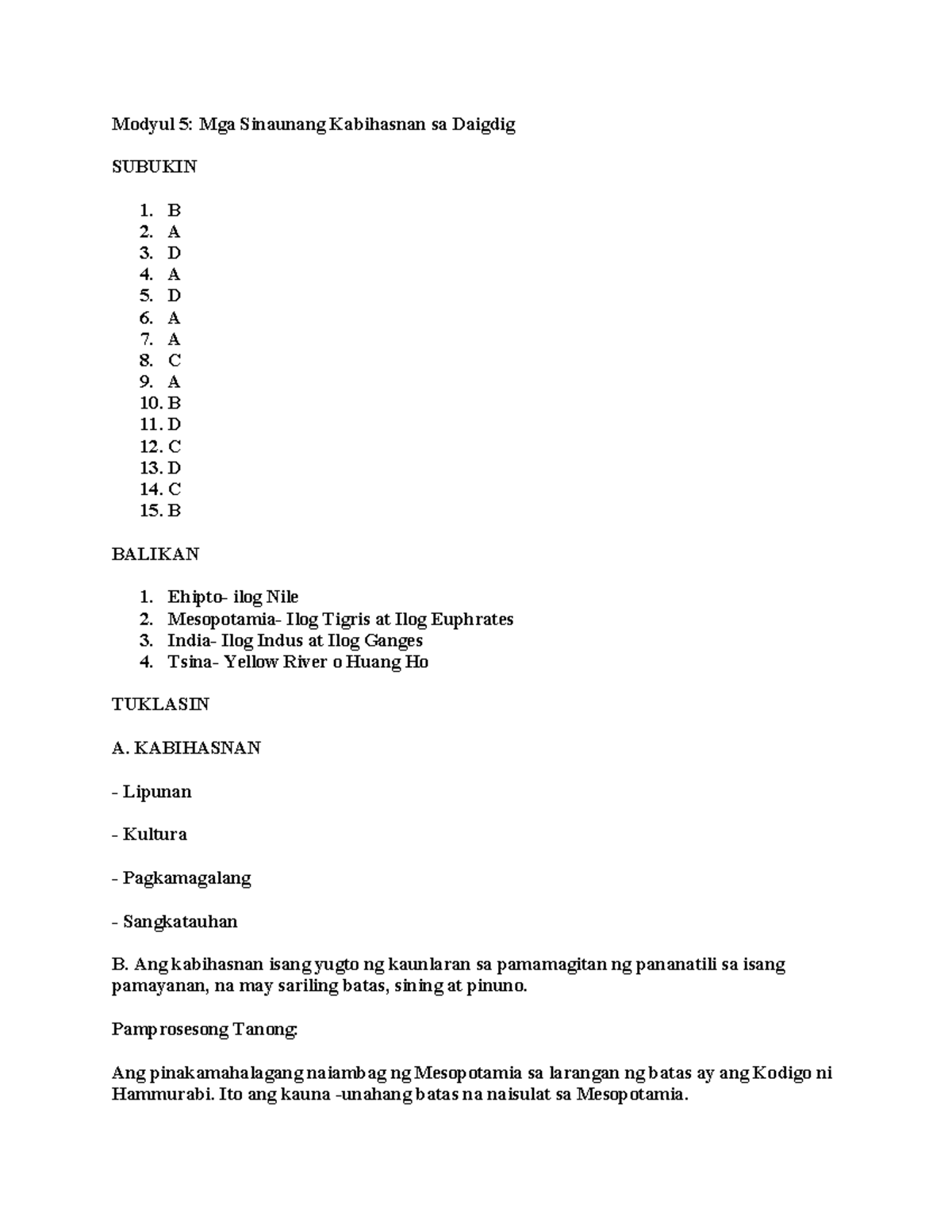 Ap Modyul 5 - Araling panlipunan - Modyul 5: Mga Sinaunang Kabihasnan ...
