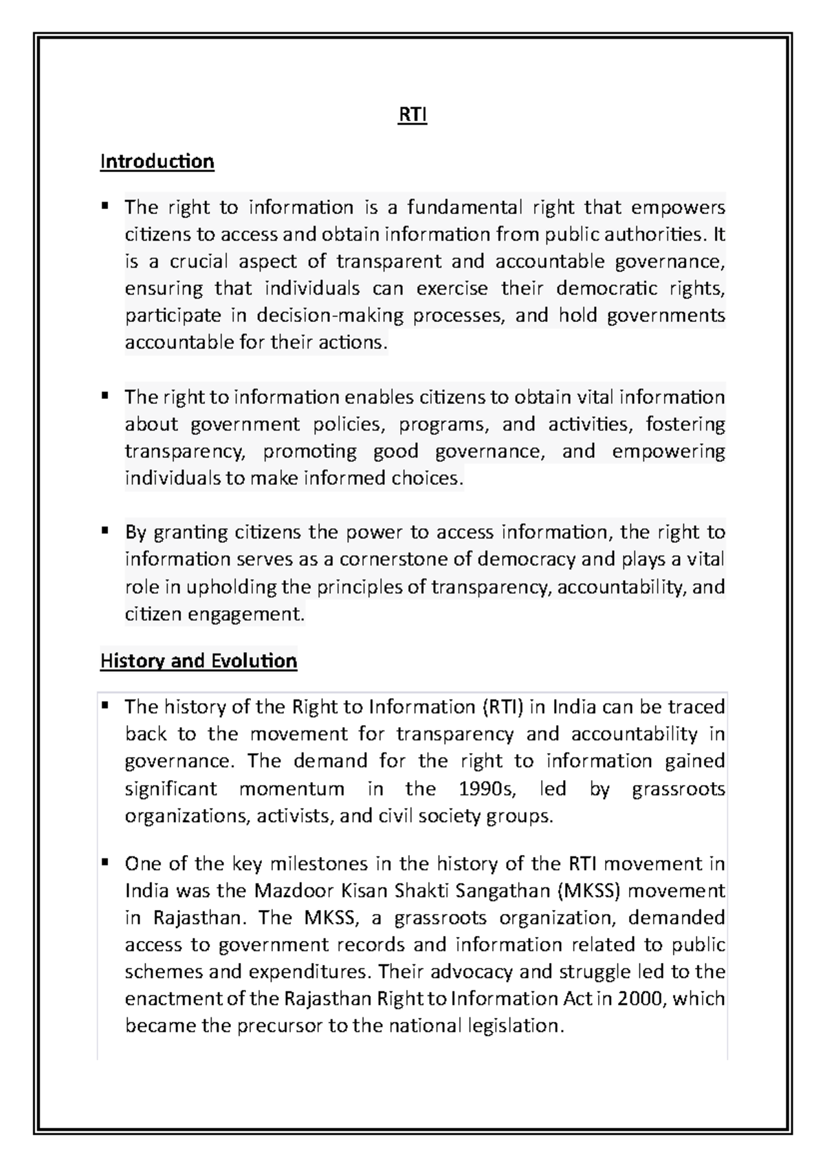 RTI - Notes on RTI in india - RTI Introduc,on § The right to informa is ...