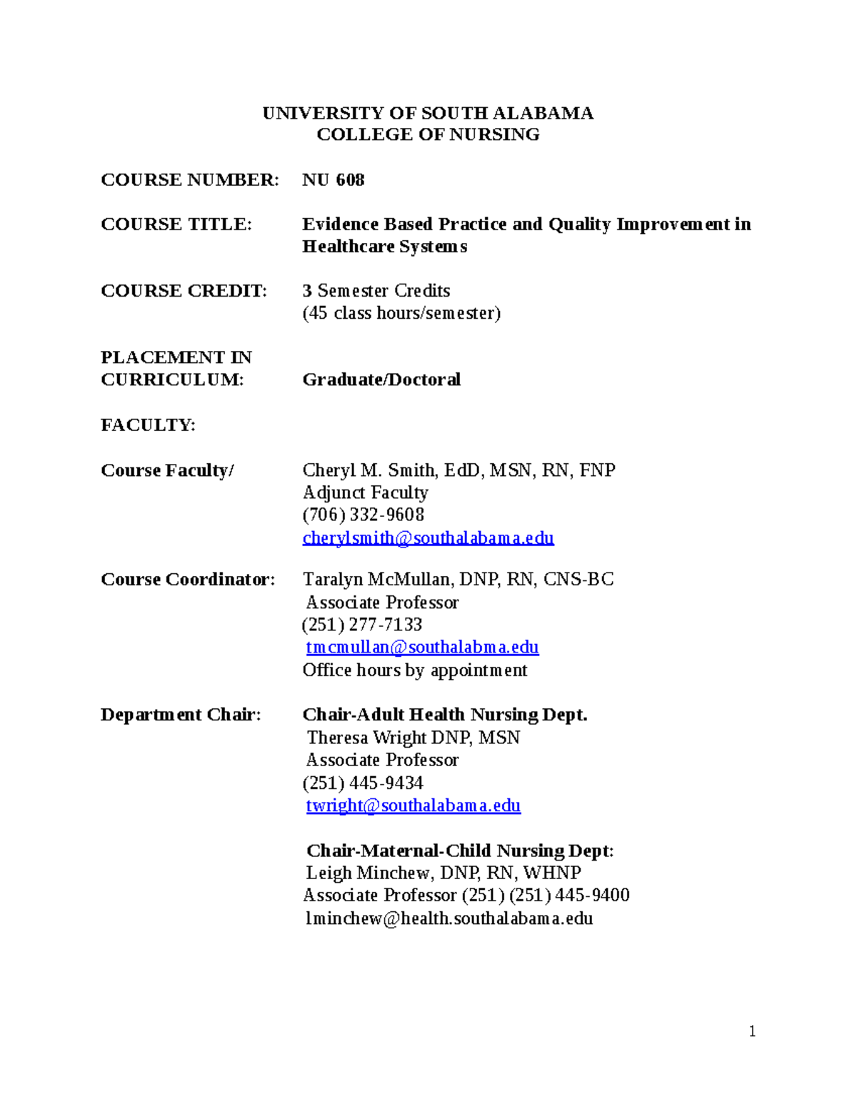 NU 608 Syllabus - UNIVERSITY OF SOUTH ALABAMA COLLEGE OF NURSING COURSE ...