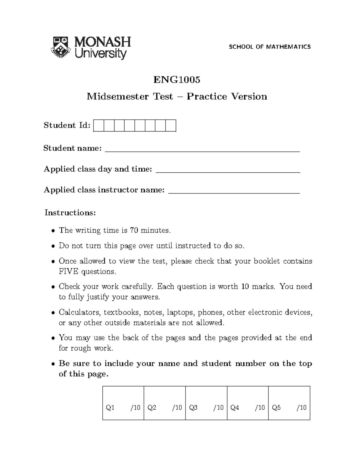 Practice mid-semester exam - SCHOOL OF MATHEMATICS ENG Midsemester Test ...