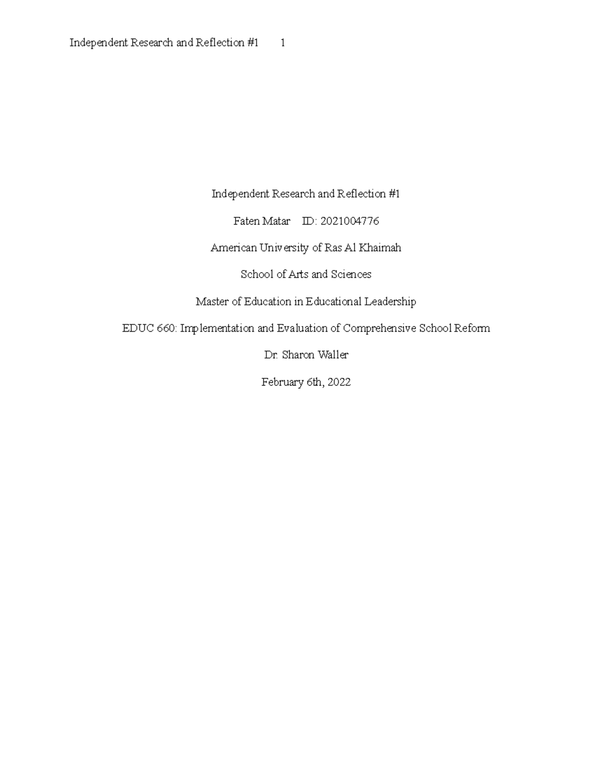 EDUC 660 IRR 1 Faten Matar - Independent Research and Reflection #1 1 ...