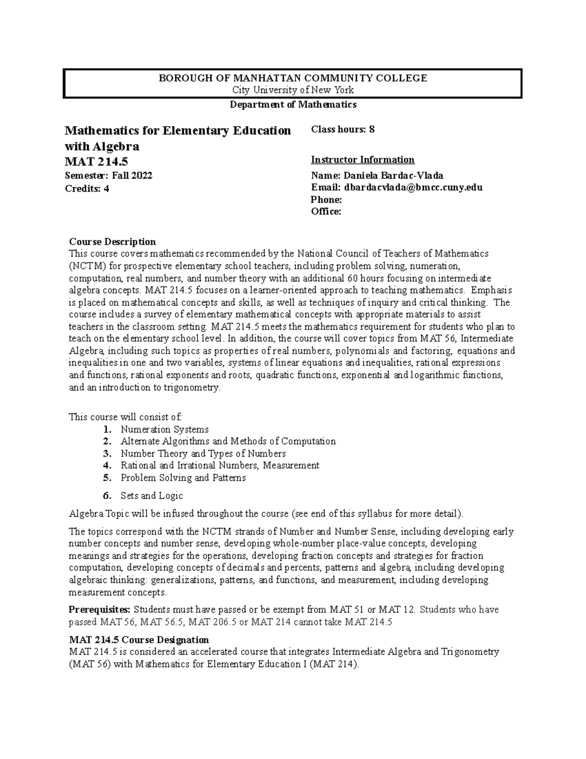 MAT 214.5 syllabus Fall 2022 - BOROUGH OF MANHATTAN COMMUNITY COLLEGE ...