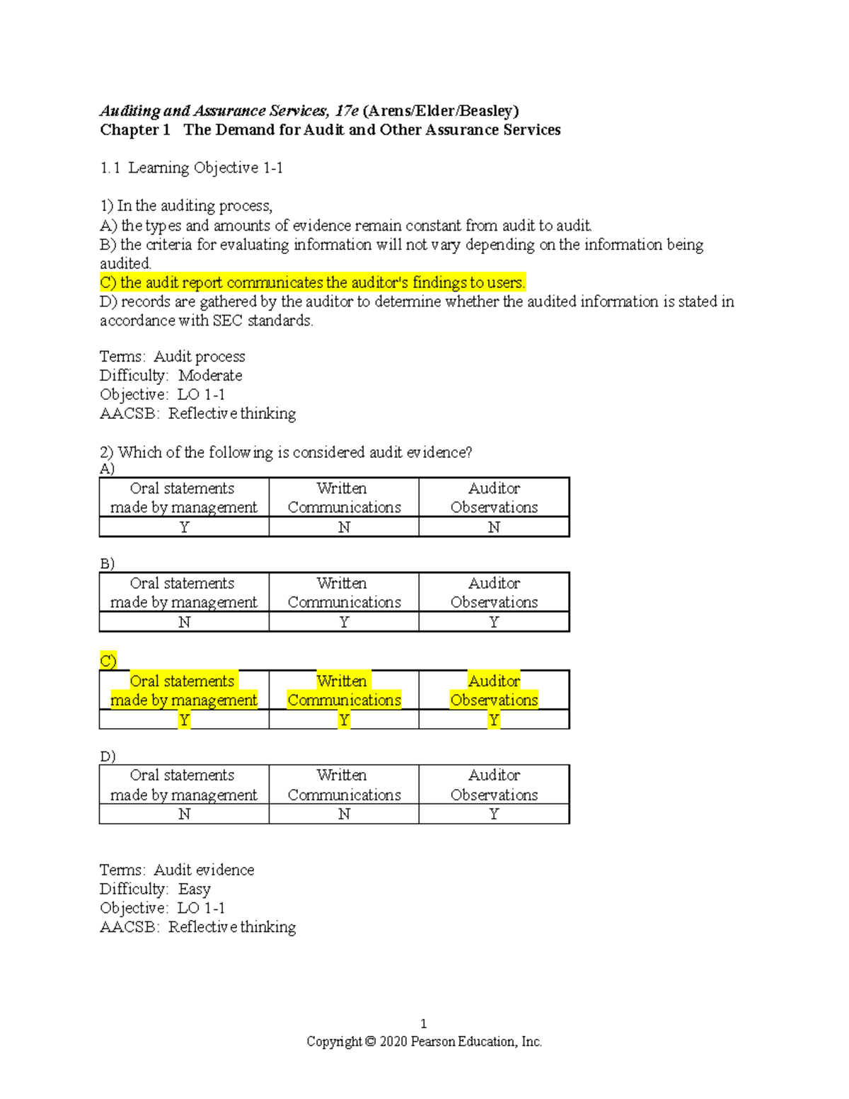 Chapter 01 - Questions - chap 1 - Auditing and Assurance Services, 17e (Arens/Elder/Beasley ...