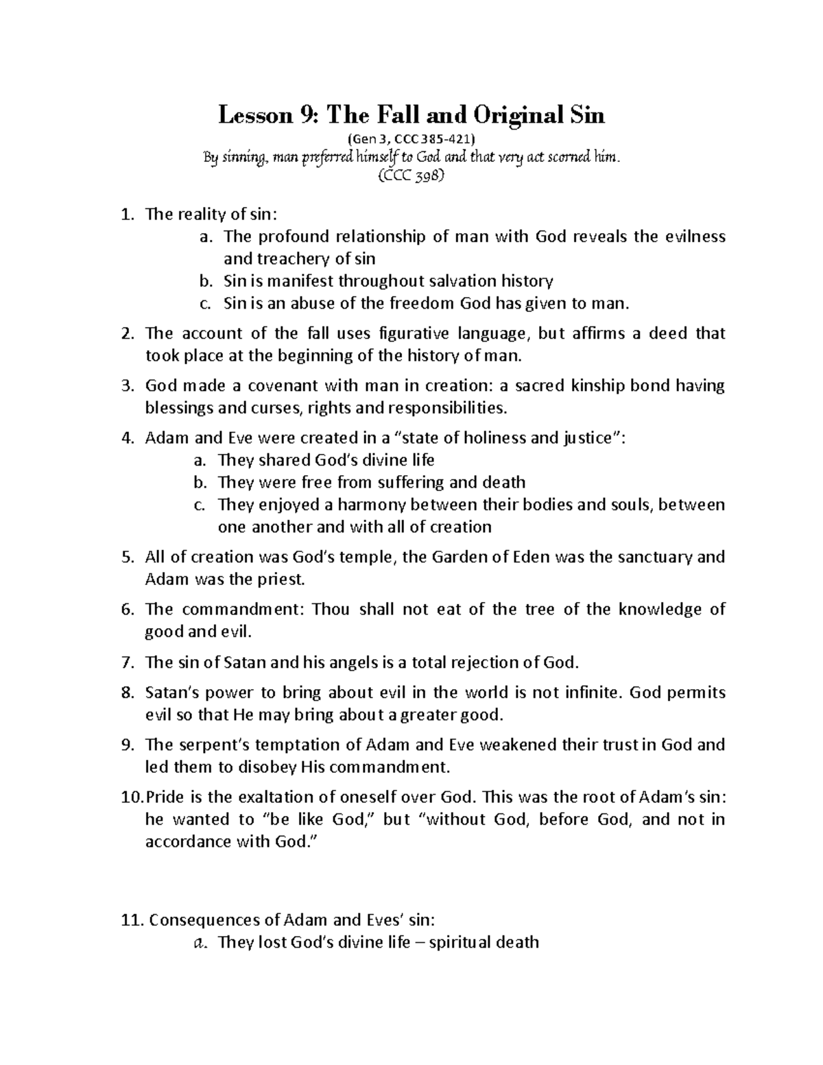 Lesson 9 The Fall and Original Sin - (CCC 398) The reality of sin: a ...