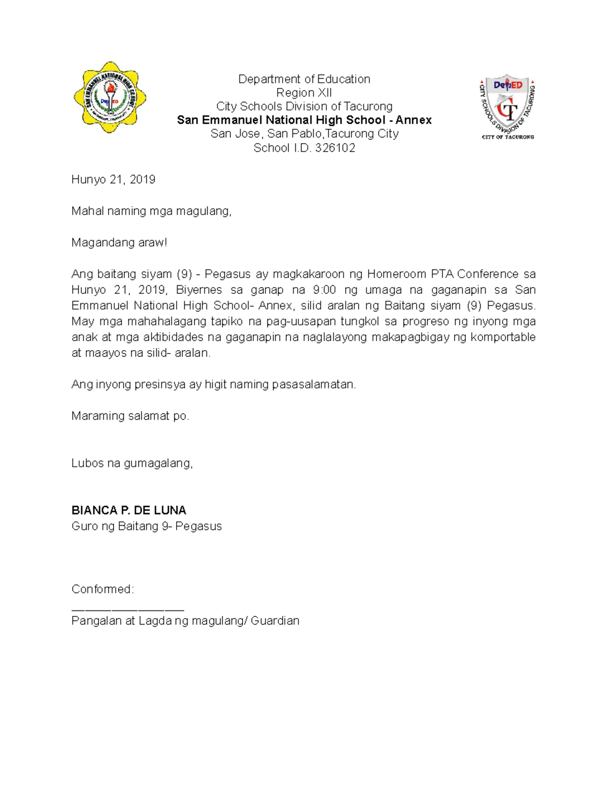 Letter to parent - Region XII City Schools Division of Tacurong San ...