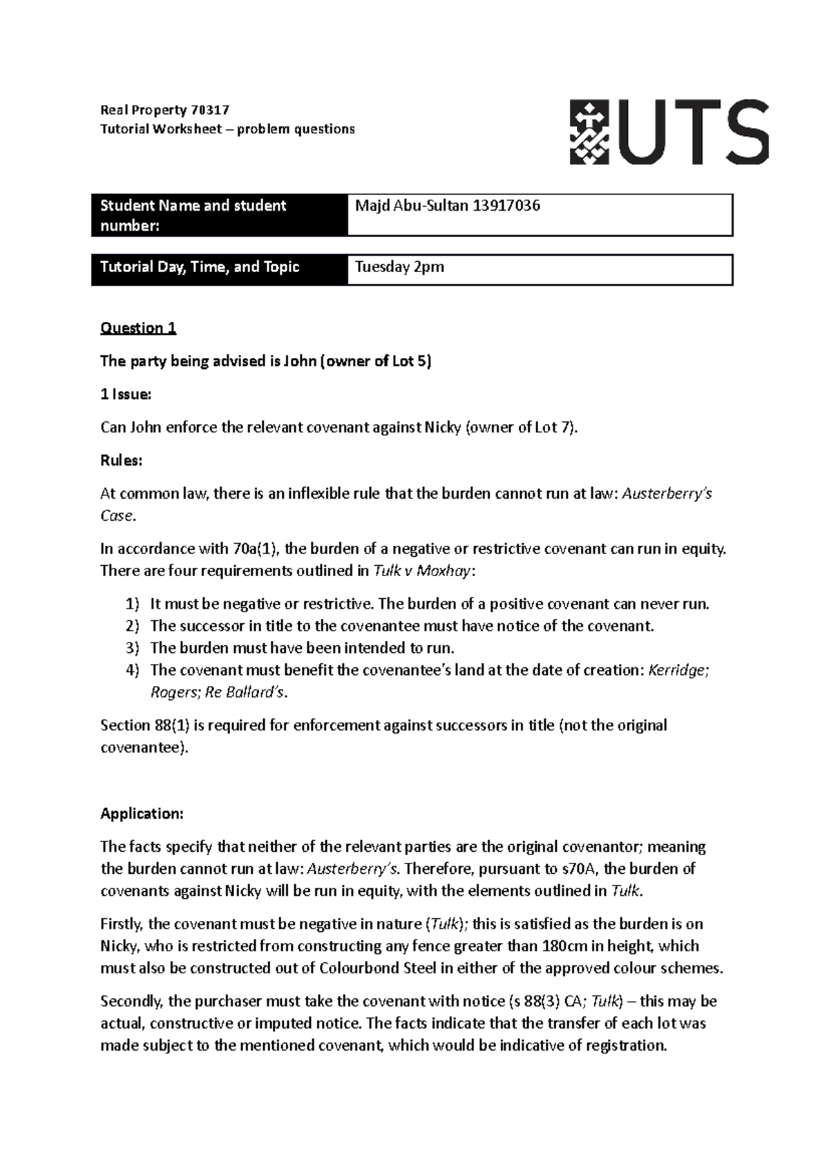 Covenants - ms-1 - Real Property 70317 Tutorial Worksheet – problem ...
